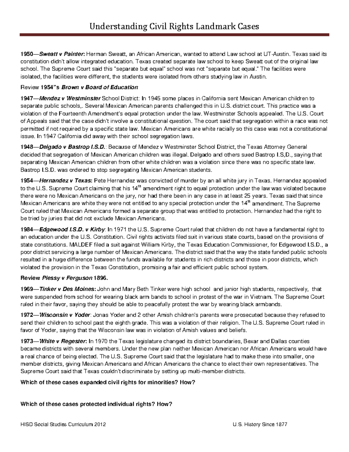 Understanding Landmark Cases - Understanding Civil Rights Landmark ...
