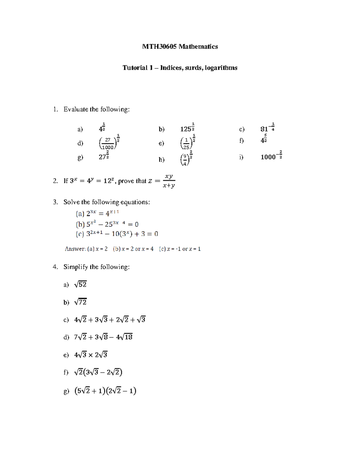 Math - Tutorial 1- Questions - MTH30605 Mathematics Tutorial 1 – Indices, surds, logarithms 1 ...