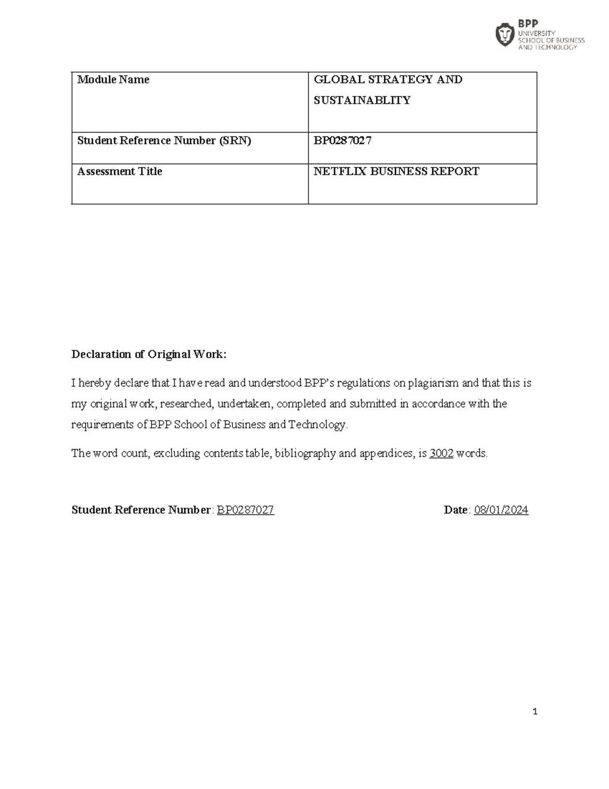 Netflix Final - GSS Summative assessment - Module Name GLOBAL STRATEGY AND SUSTAINABLITY Student ...