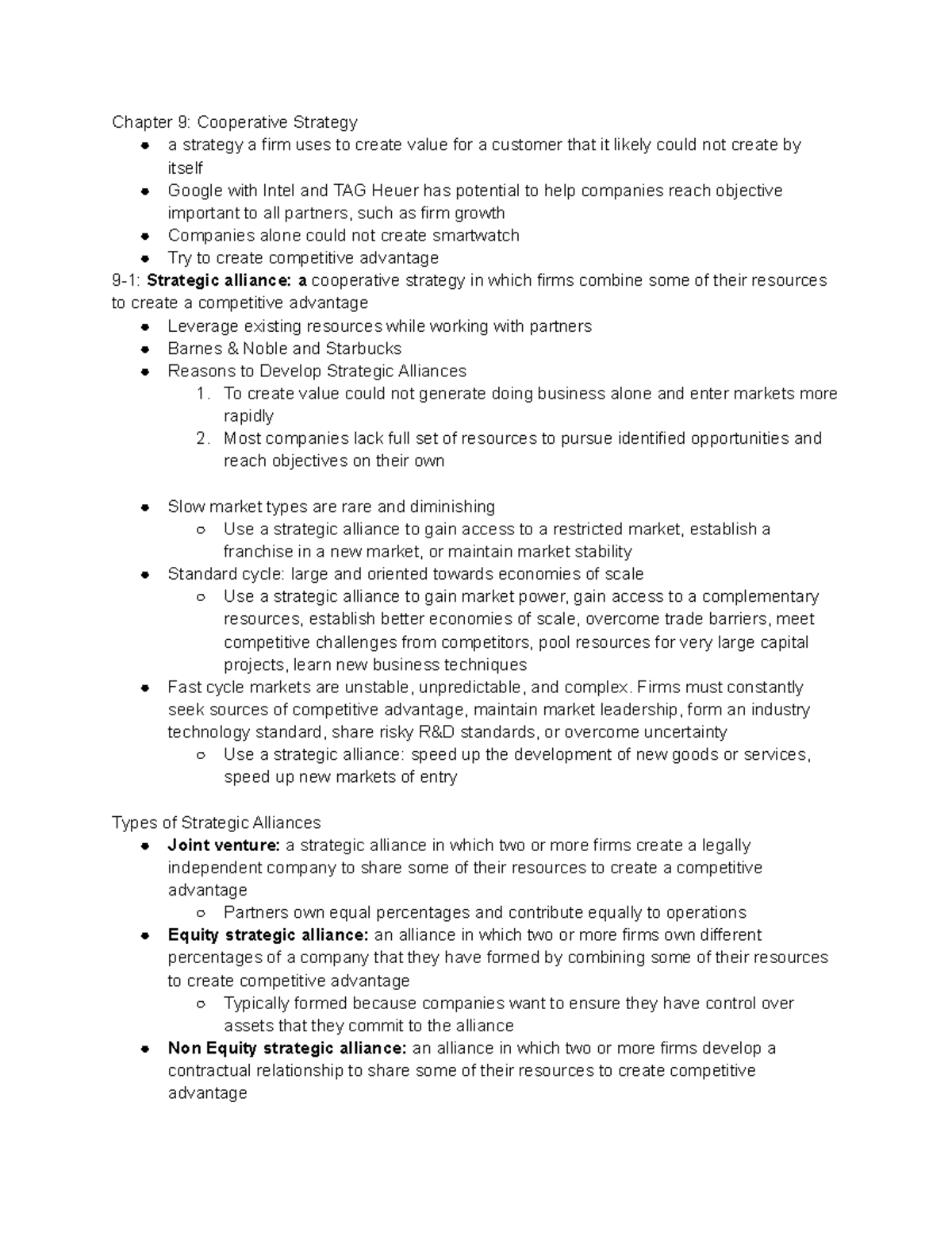 Outline Test 3 Chapters - Chapter 9: Cooperative Strategy a strategy a ...