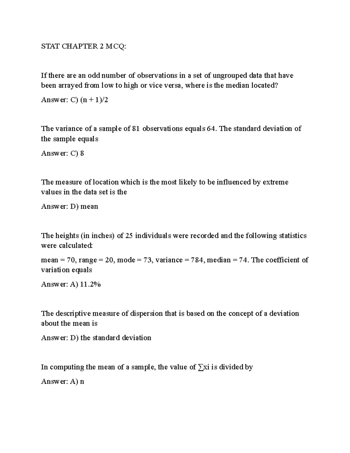 Stat Chapter 2 Mcq Stat Chapter 2 Mcq If There Are An Odd Number Of Observations In A Set Of