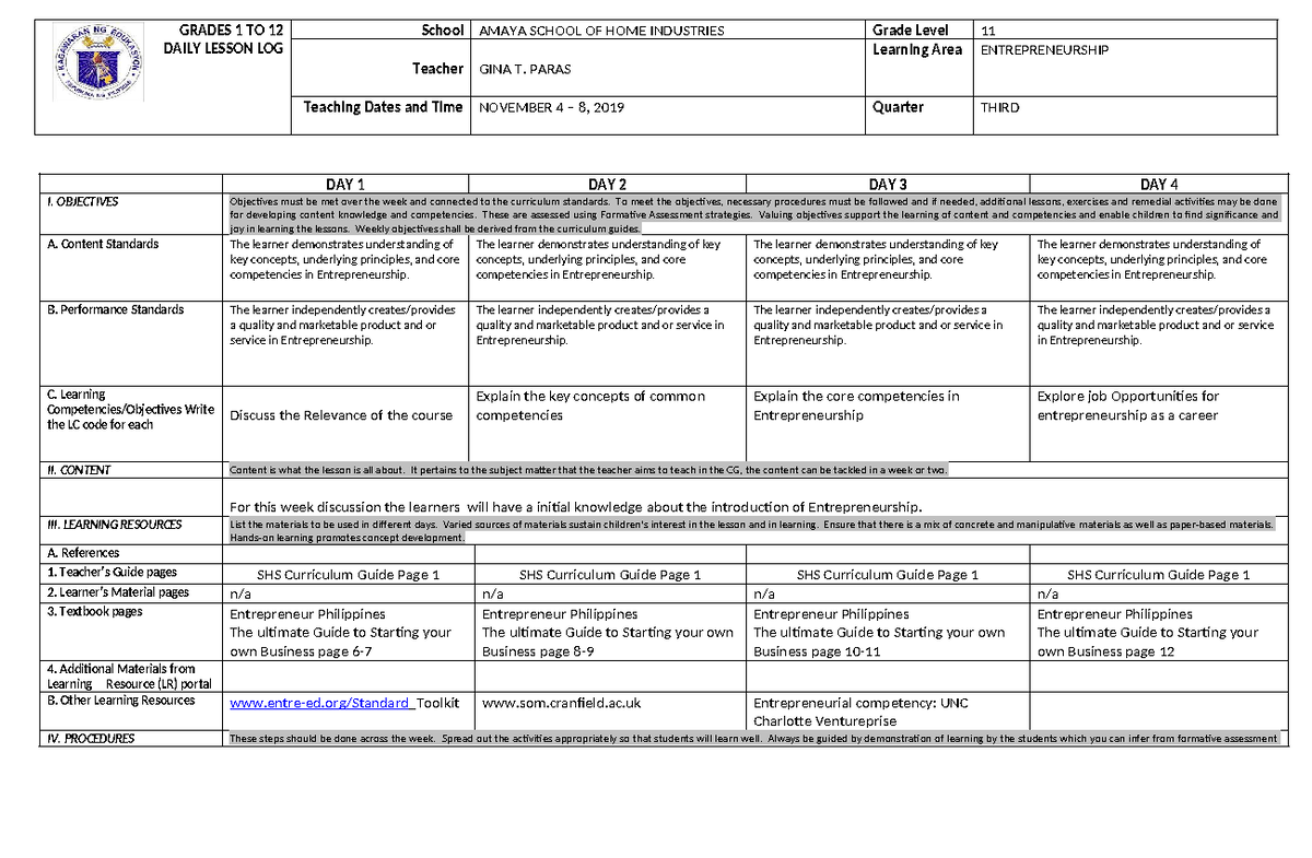 433184036 DLL Entrep Week 1 - DAY 1 DAY 2 DAY 3 DAY 4 I. OBJECTIVES ...