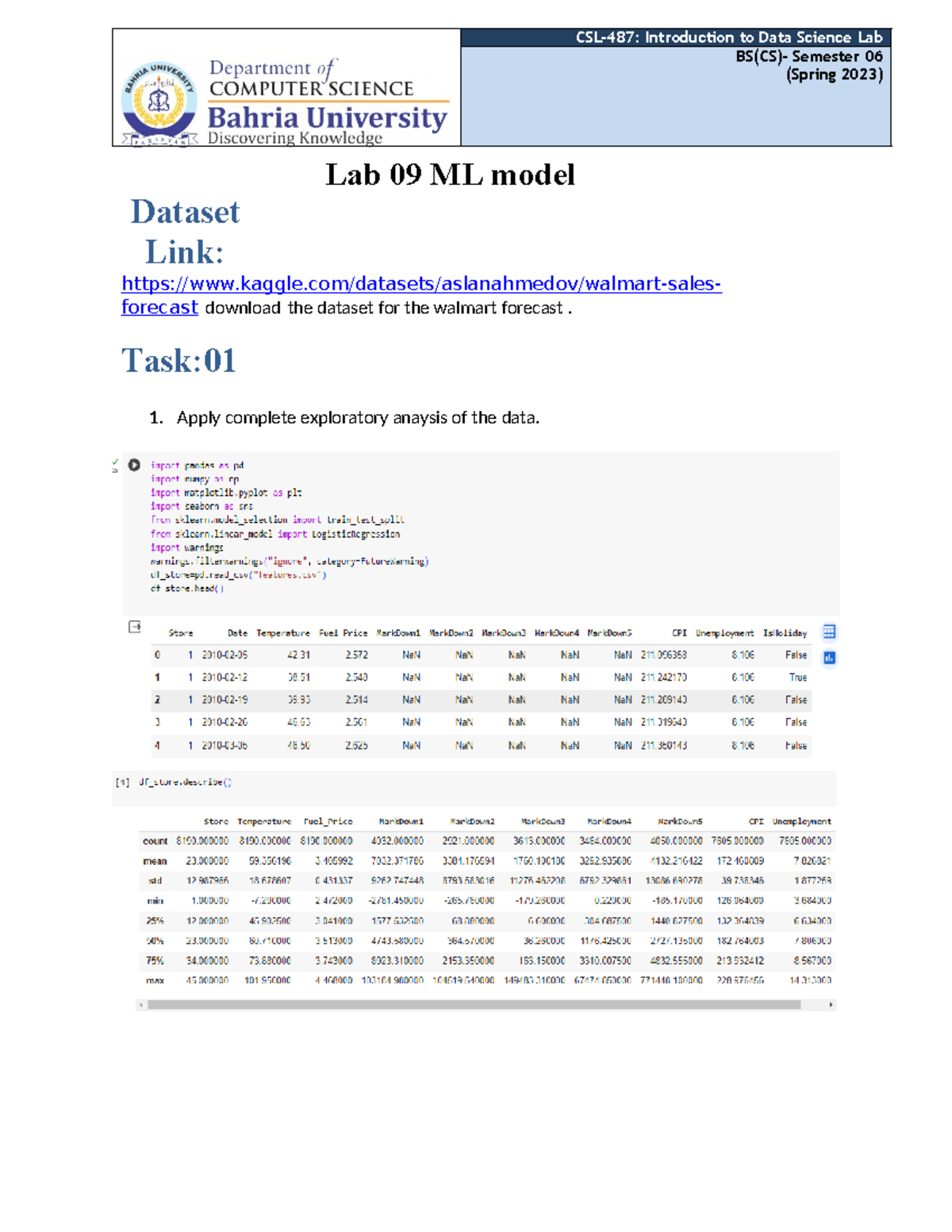 Lab 9 dss - Introduction to datascience - BS(CS)- Semester 06 (Spring 2023) Lab 09 ML model ...
