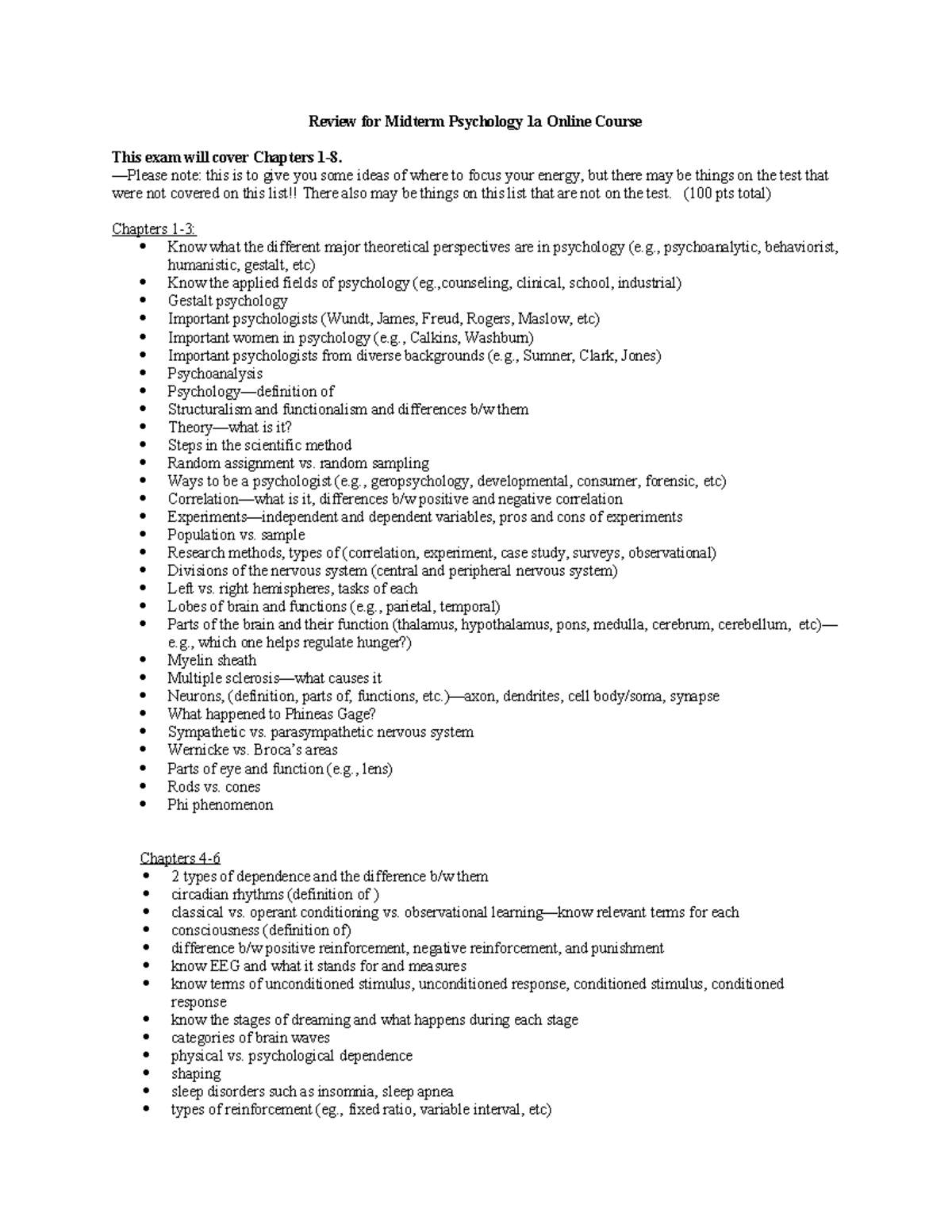 Midterm Review Sheet - Review for Midterm Psychology 1a Online Course ...