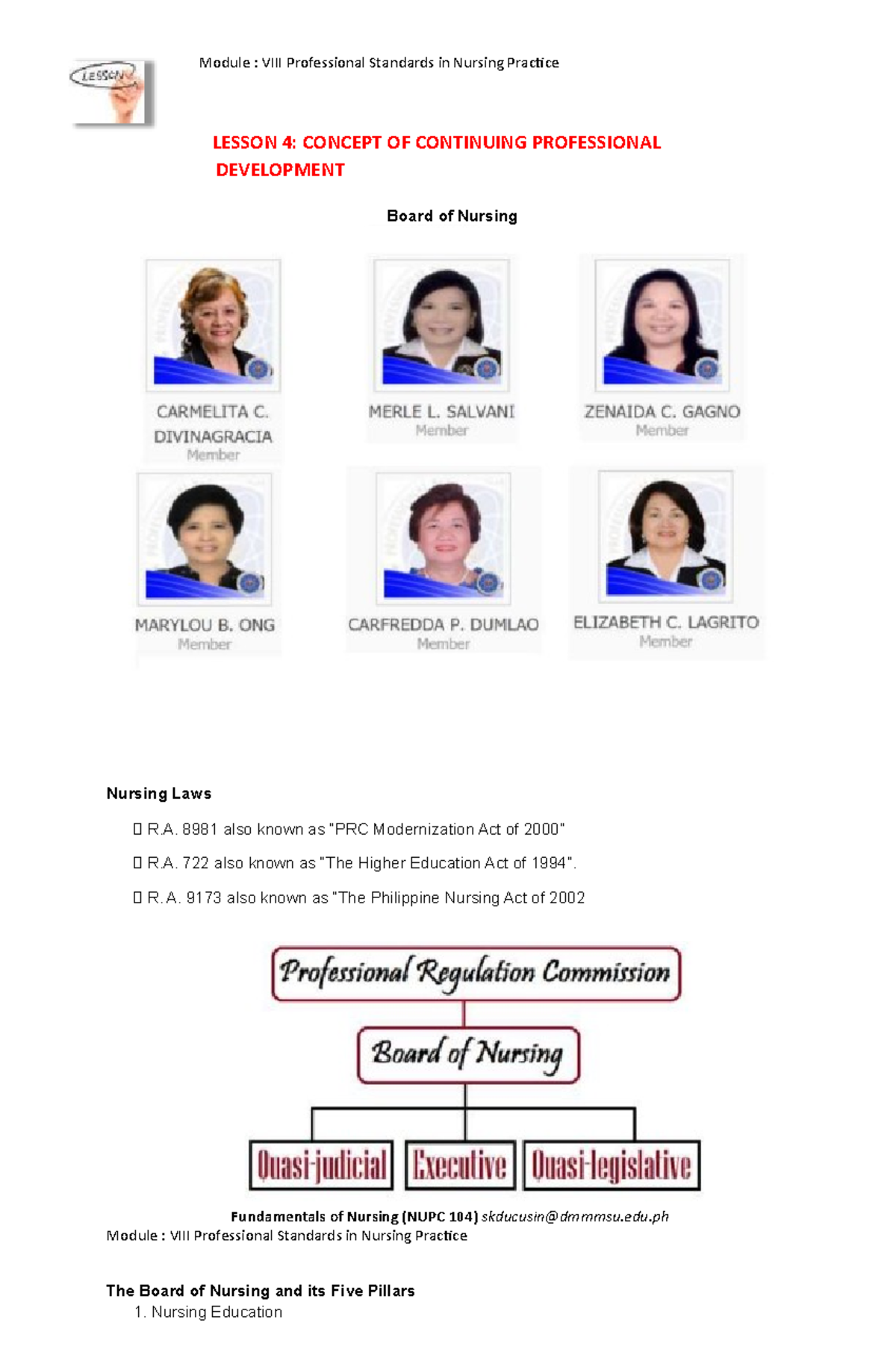 Module 8 lesson 4 board of nursing - Module : VIII Professional ...