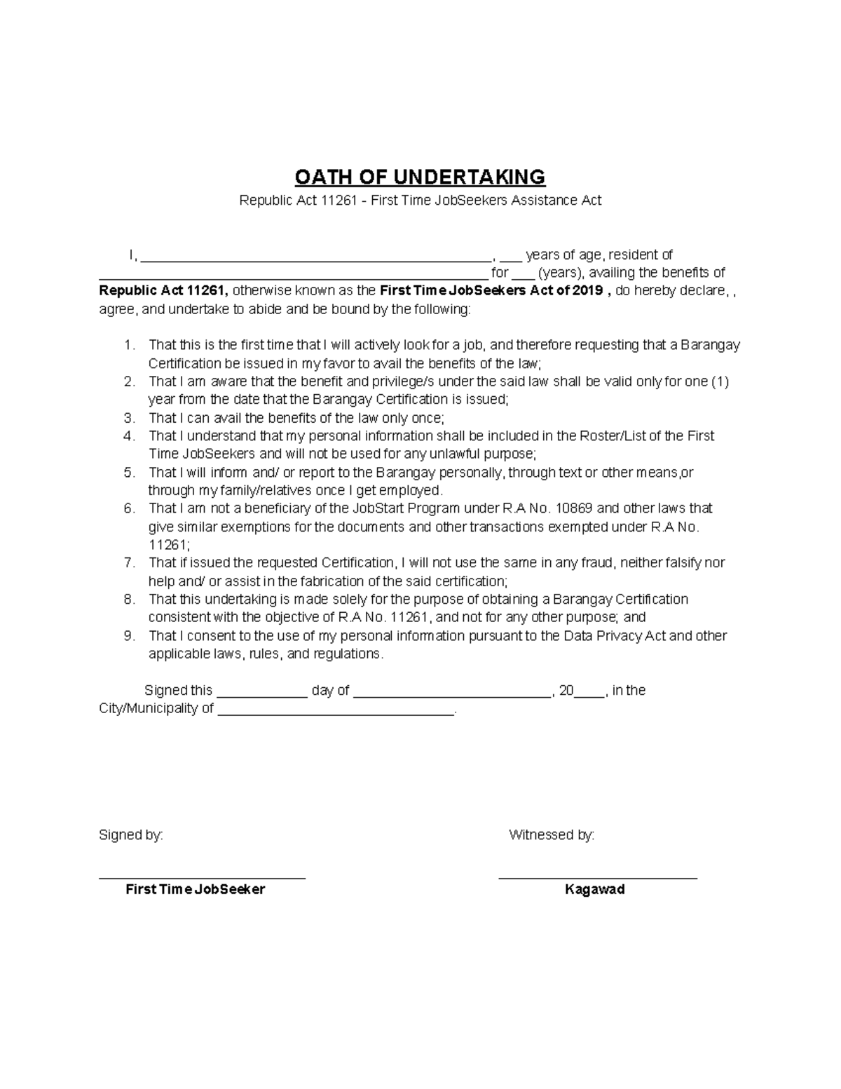 Oath of Undertaking Template - OATH OF UNDERTAKING Republic Act 11261 ...