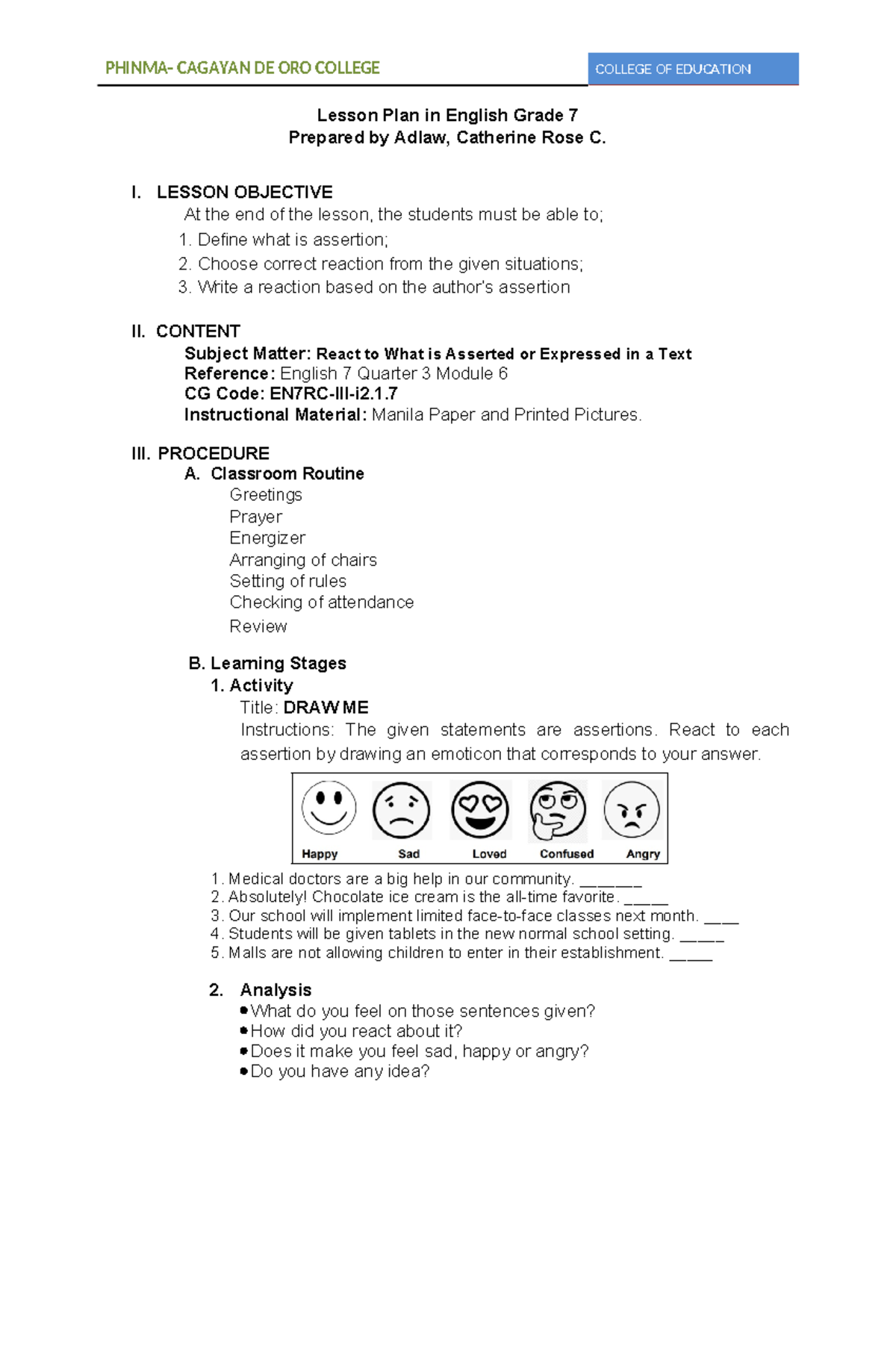 SAMPLE G7 LESSON PLAN - PHINMA- CAGAYAN DE ORO COLLEGE COLLEGE OF ...
