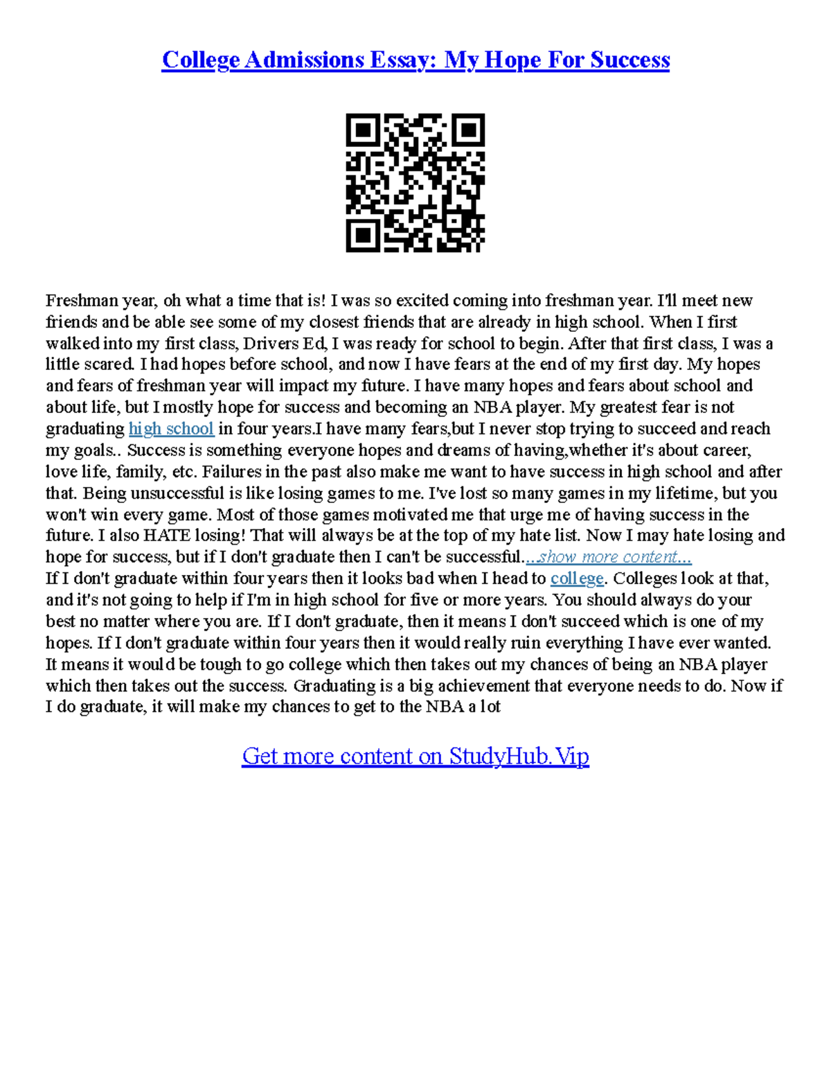 Best College Entrance Essay - College Admissions Essay: My Hope For ...