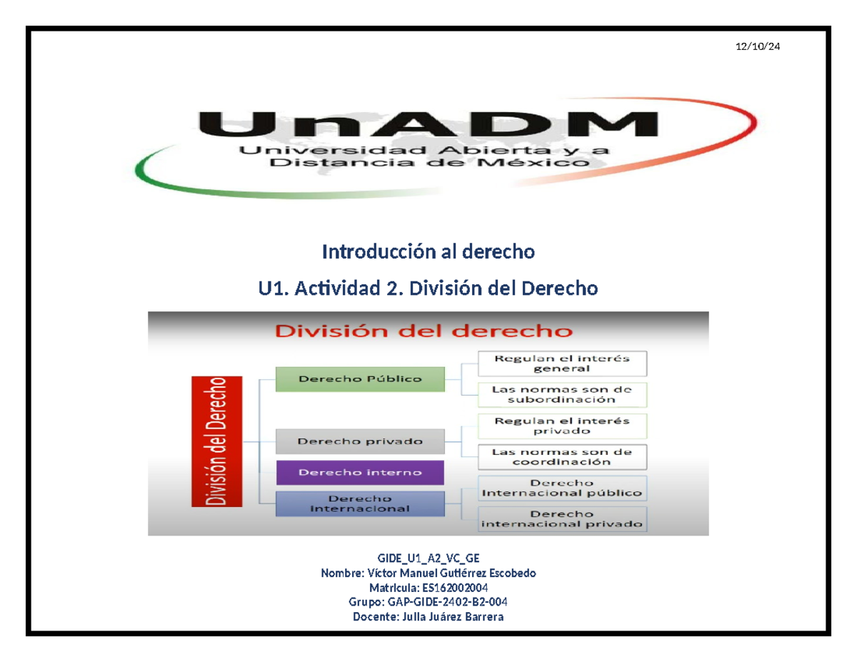 GIDE U1 A2 VC GE Introducción al Derecho - Introducción al derecho U1. Actividad 2. División del ...