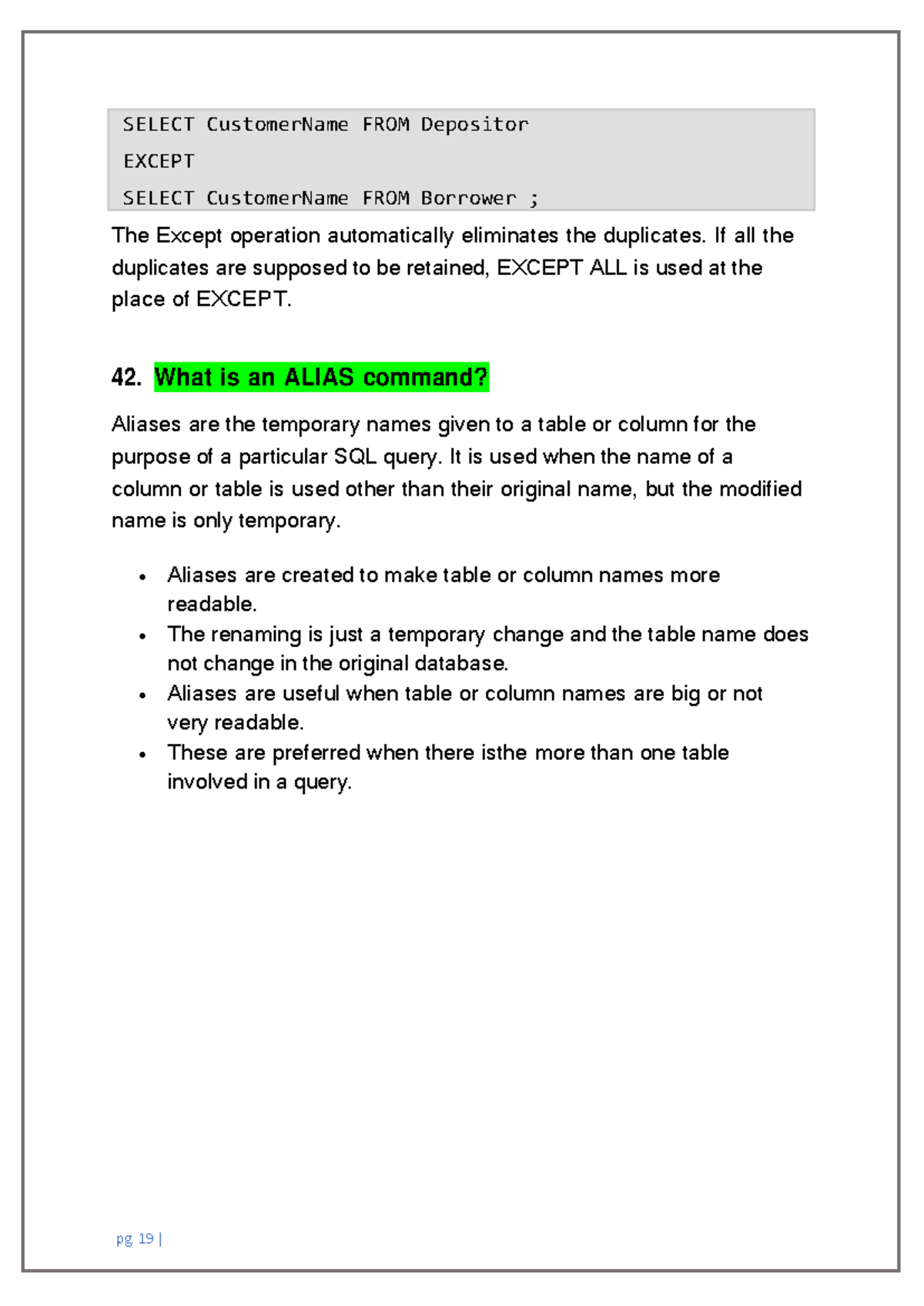 SQL Practice-19-21 - The Except operation automatically eliminates the ...