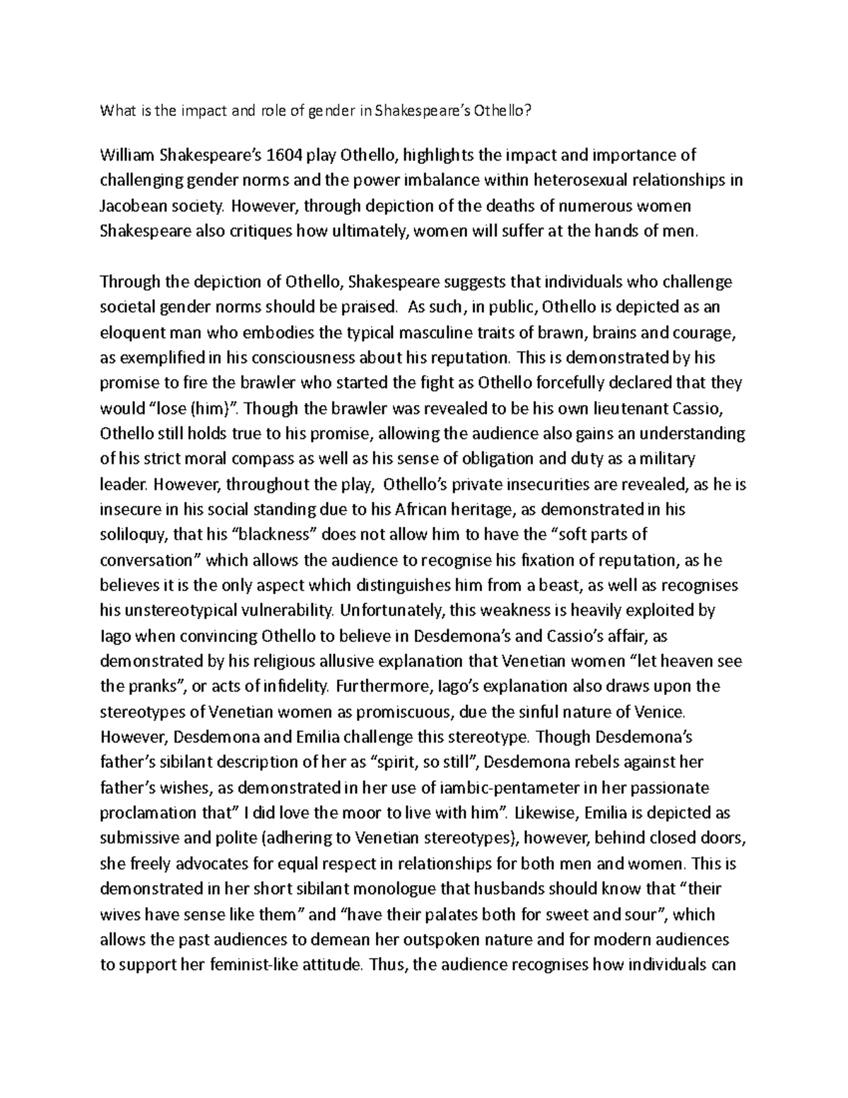 What is the impact and role of gender in Shakespeare’s Othello - Google ...