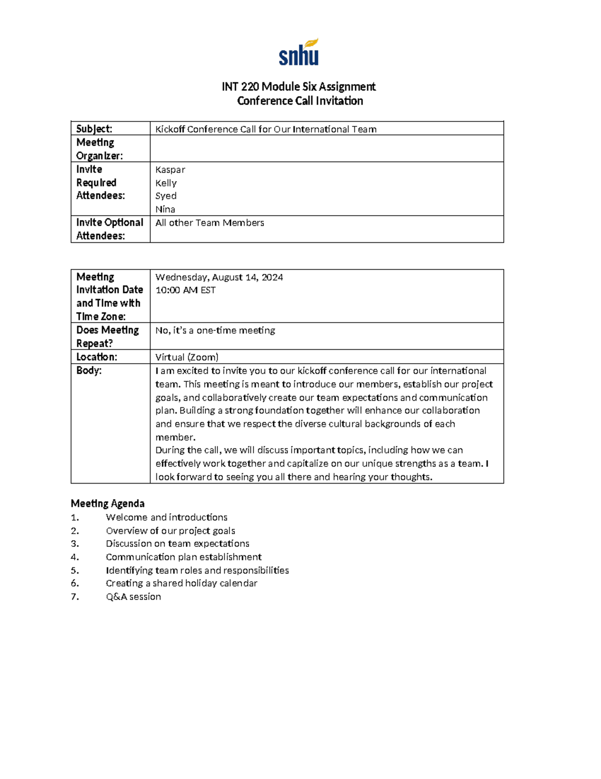 Module 6 -Conference Call Invitation - INT 220 Module Six Assignment ...