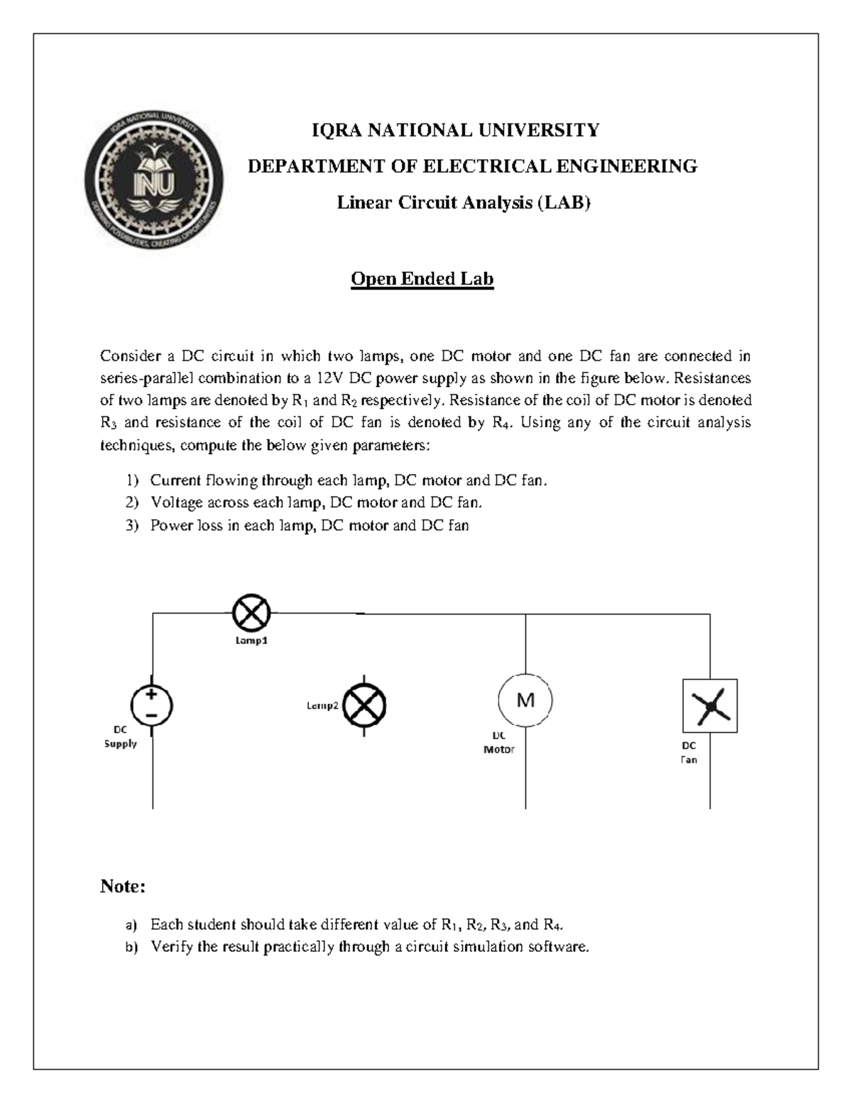 Open Ended Lab (LCA) - IQRA NATIONAL UNIVERSITY DEPARTMENT OF ...