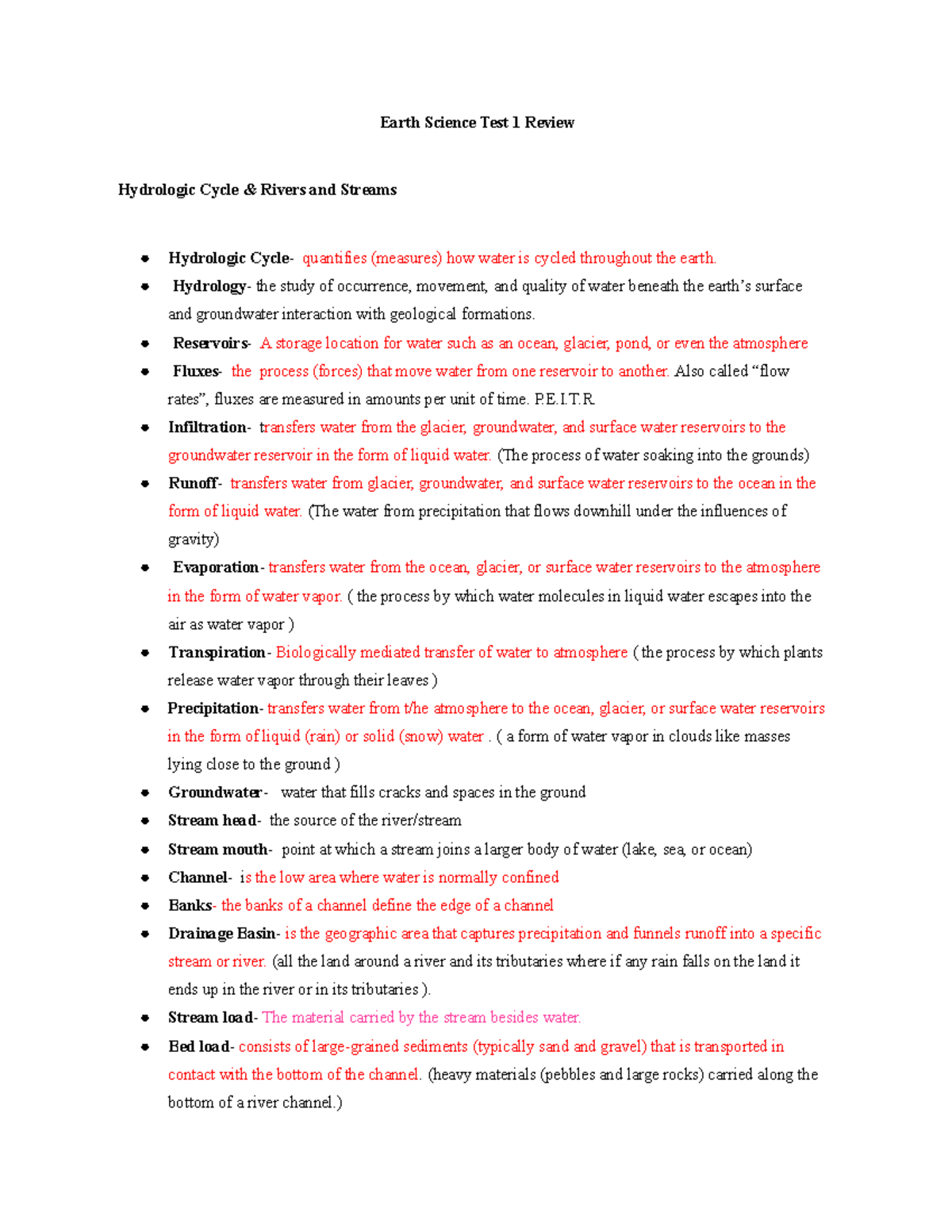 EPSC 1370 test 1 review - Earth Science Test 1 Review Hydrologic Cycle ...