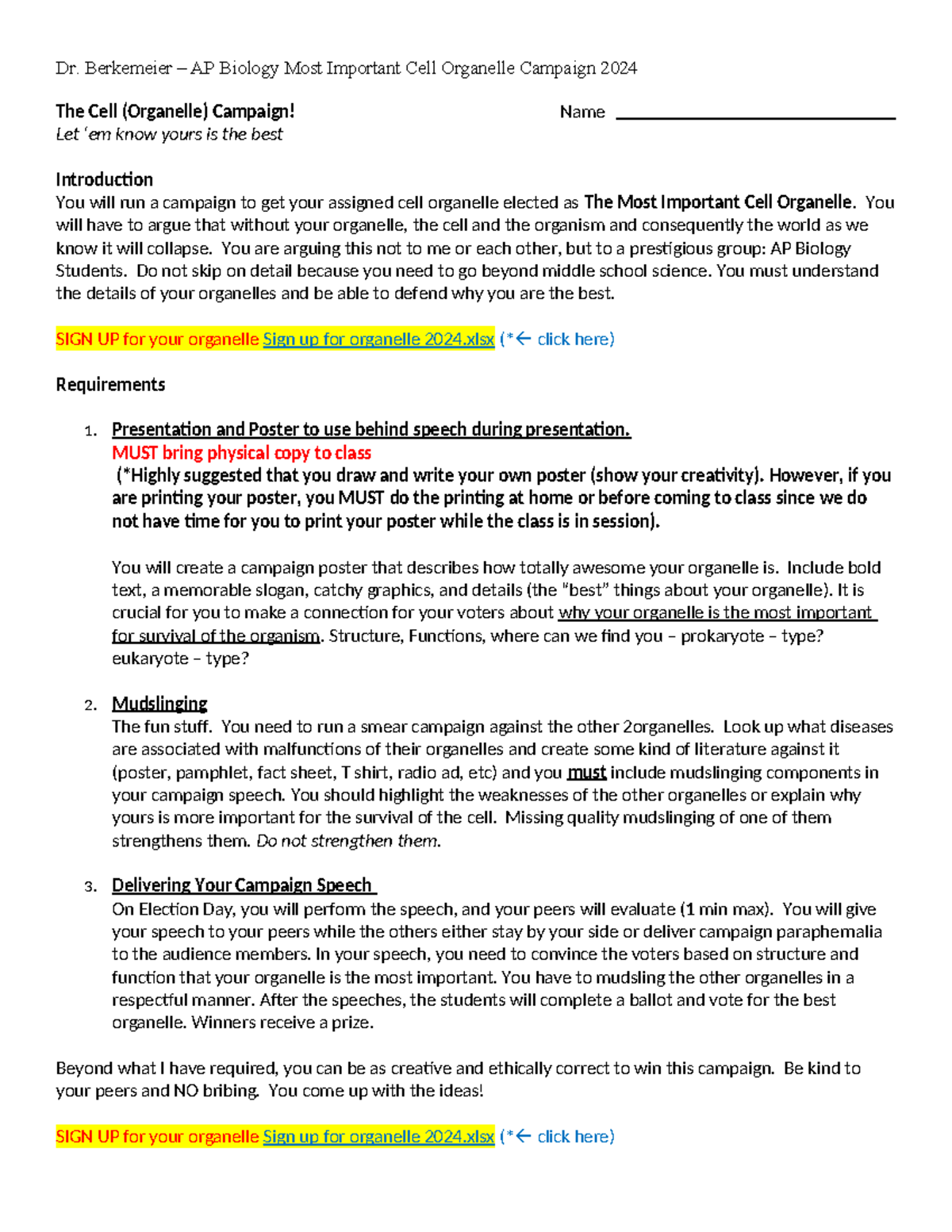 AP BIO Berkemeier Most Important Cell Organelle Campaign 2024 - Dr ...