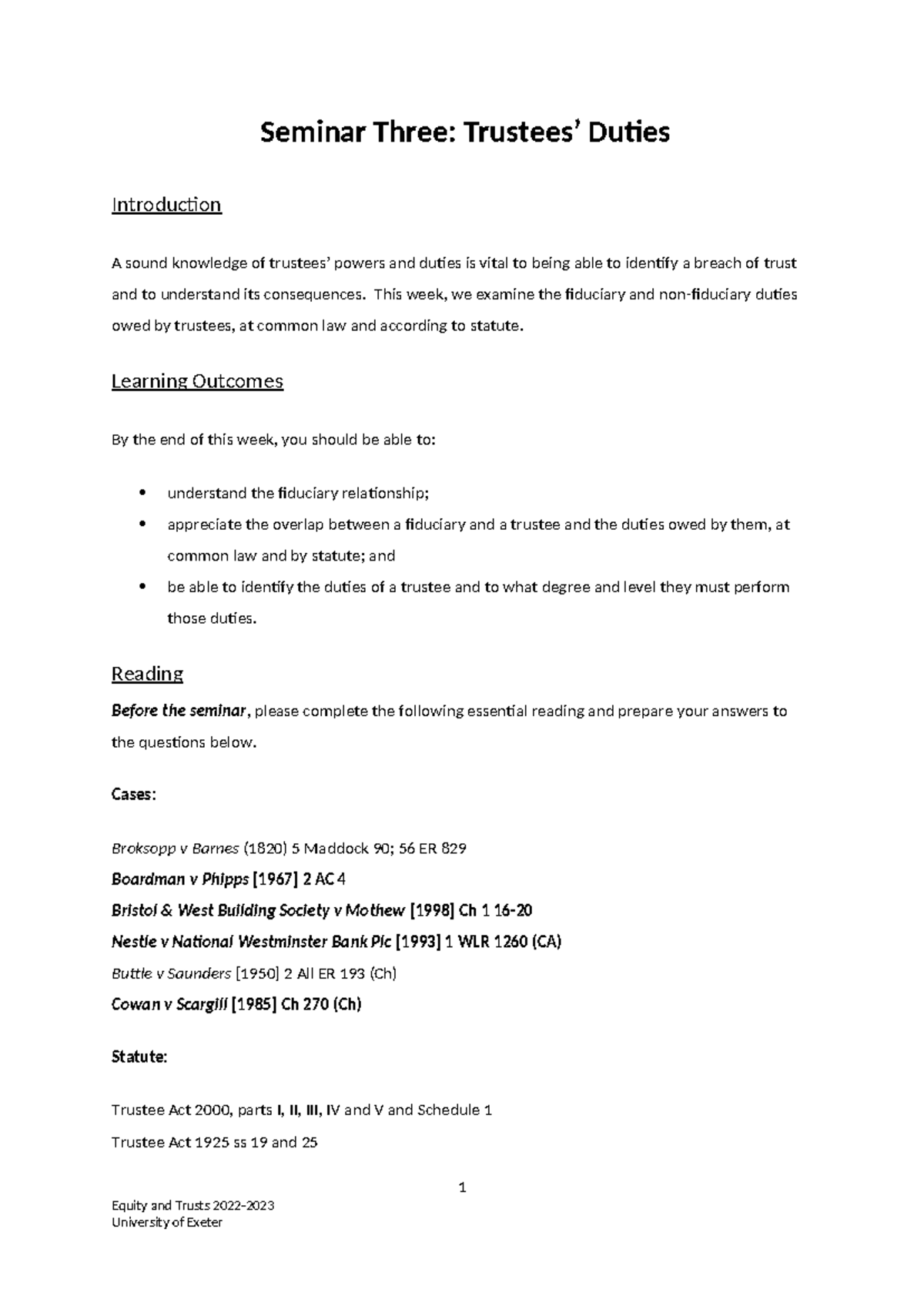 Trusts Seminar 3 Notes (Summative help) - Seminar Three: Trustees ...