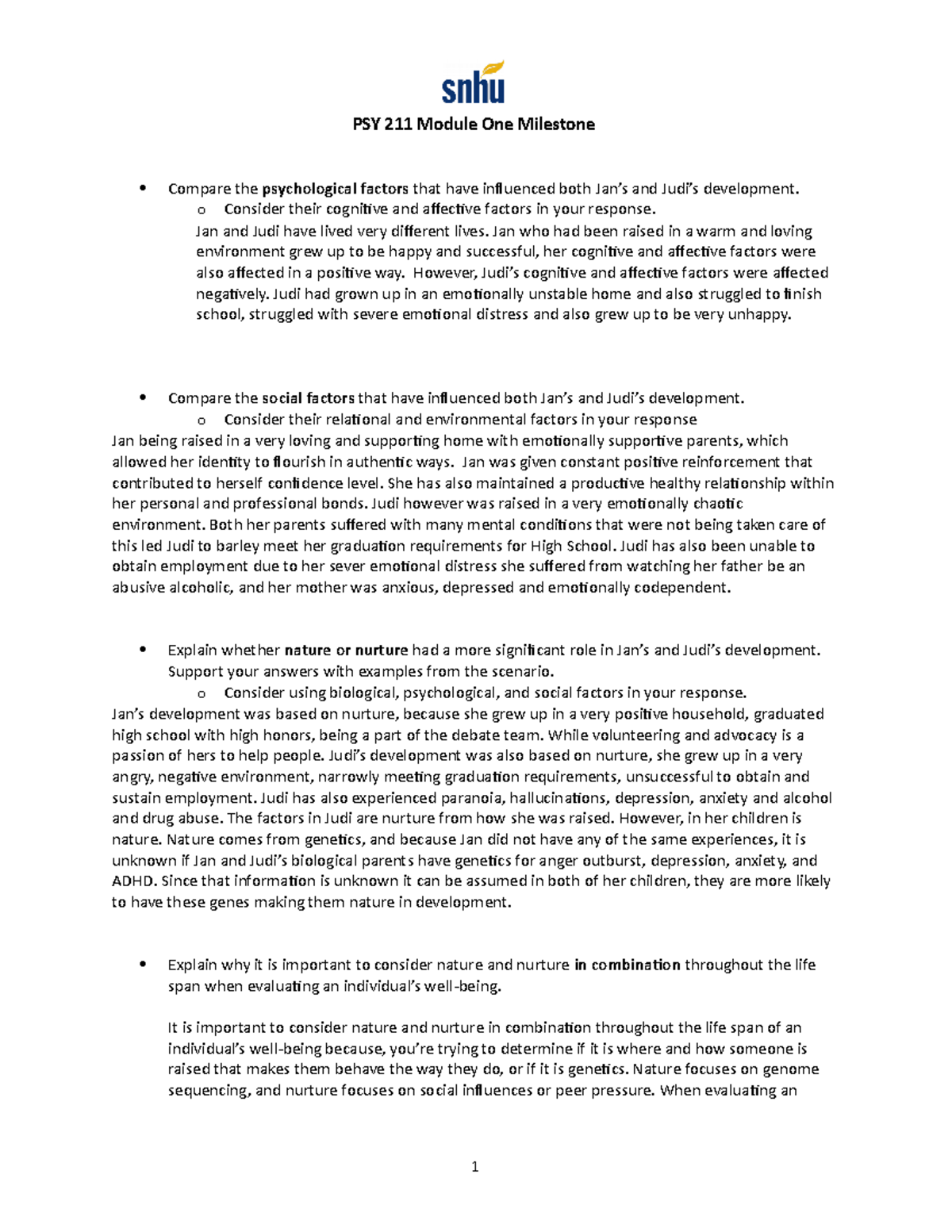 PSY 211 Module One Milestone - PSY 211 Module One Milestone Compare the ...