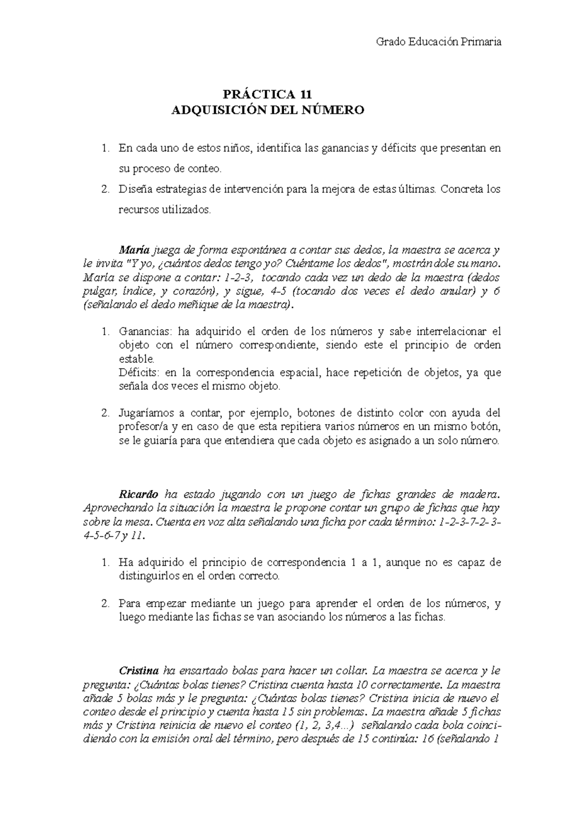 Practica 11 adquisicion numero - Grado Educación Primaria PRÁCTICA 11 ...