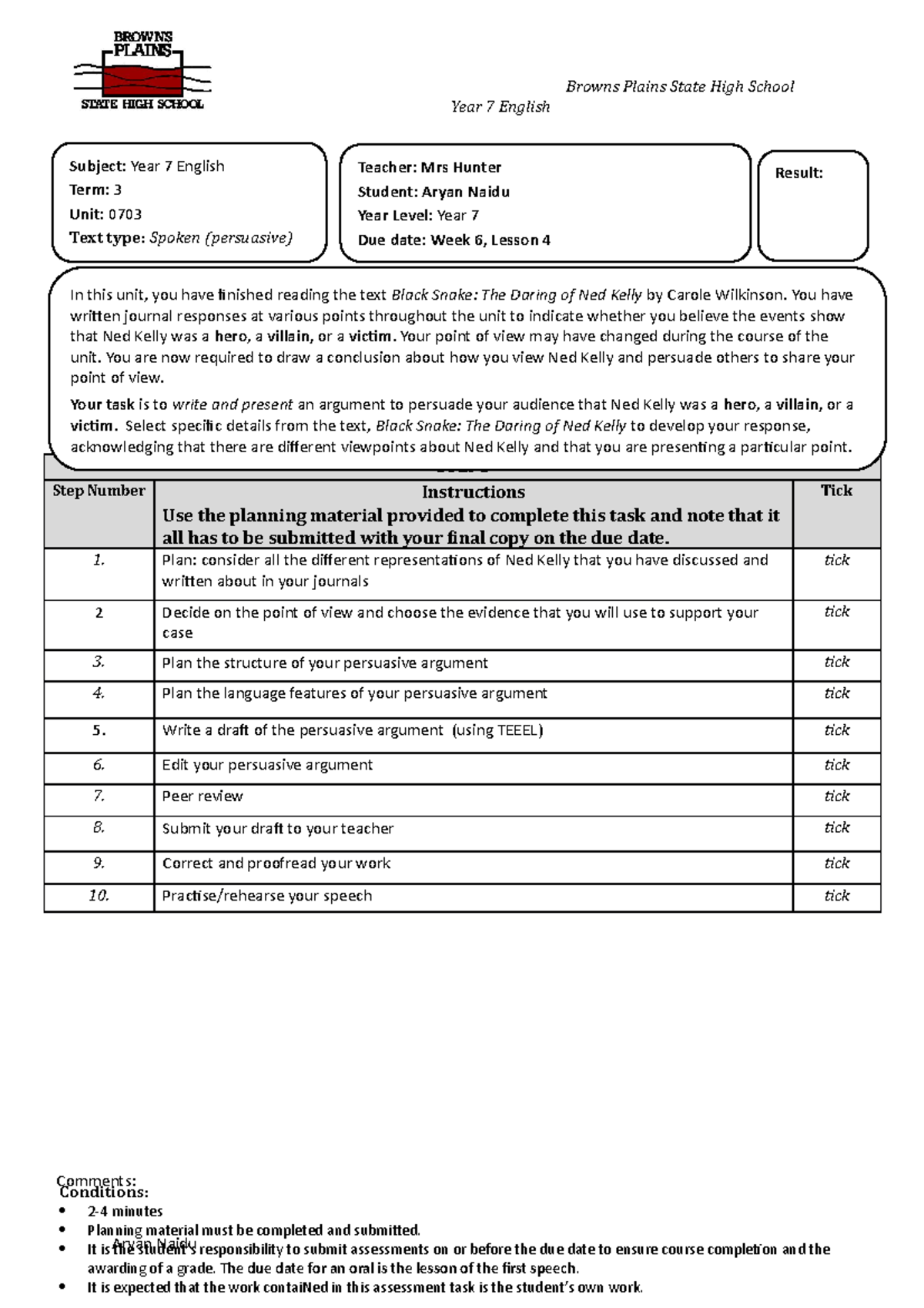 0703 Black Snake task sheet - Browns Plains State High School Year 7 ...
