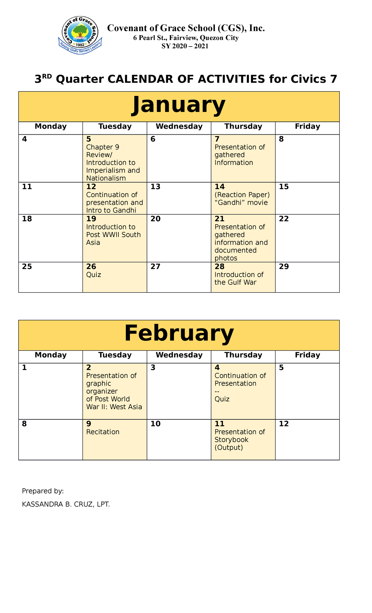 3RD Calendar - sample - Covenant of Grace School (CGS), Inc. 6 Pearl St ...