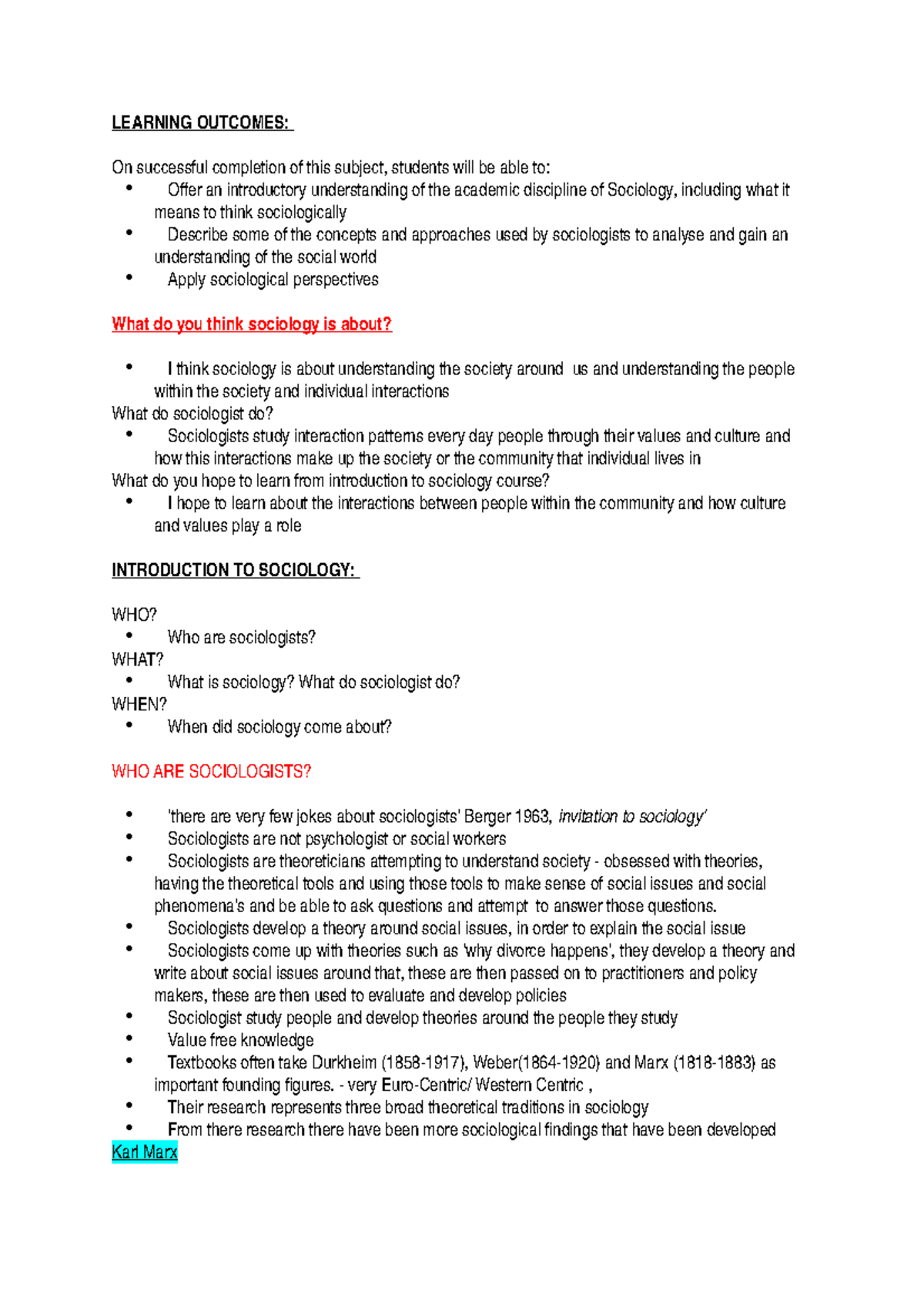 SOC103 - Lecture notes 1 - LEARNING OUTCOMES: On successful completion ...