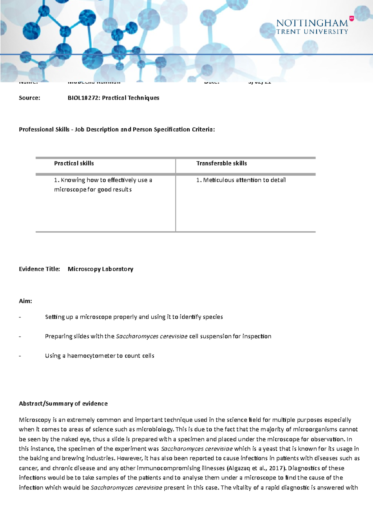 Portfolio proforma microscopy - Name: Mubeena Rahman Date: 5/02/ Source ...