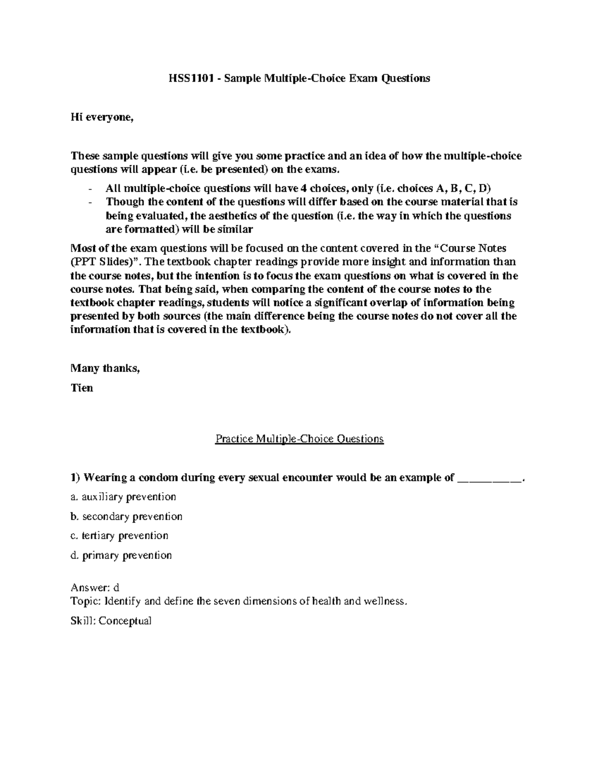 Sample (Practice) Multiple-Choice Questions - HSS1101 - Sample Multiple ...