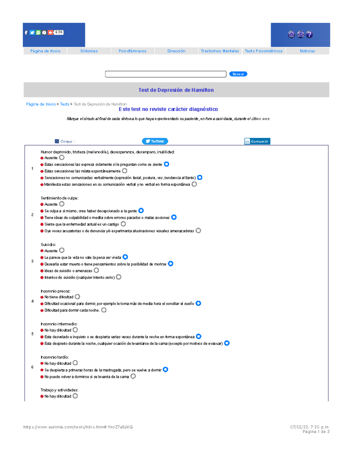 Test de Depresión de Hamilton - 6 Página de Inicio Síntomas ...