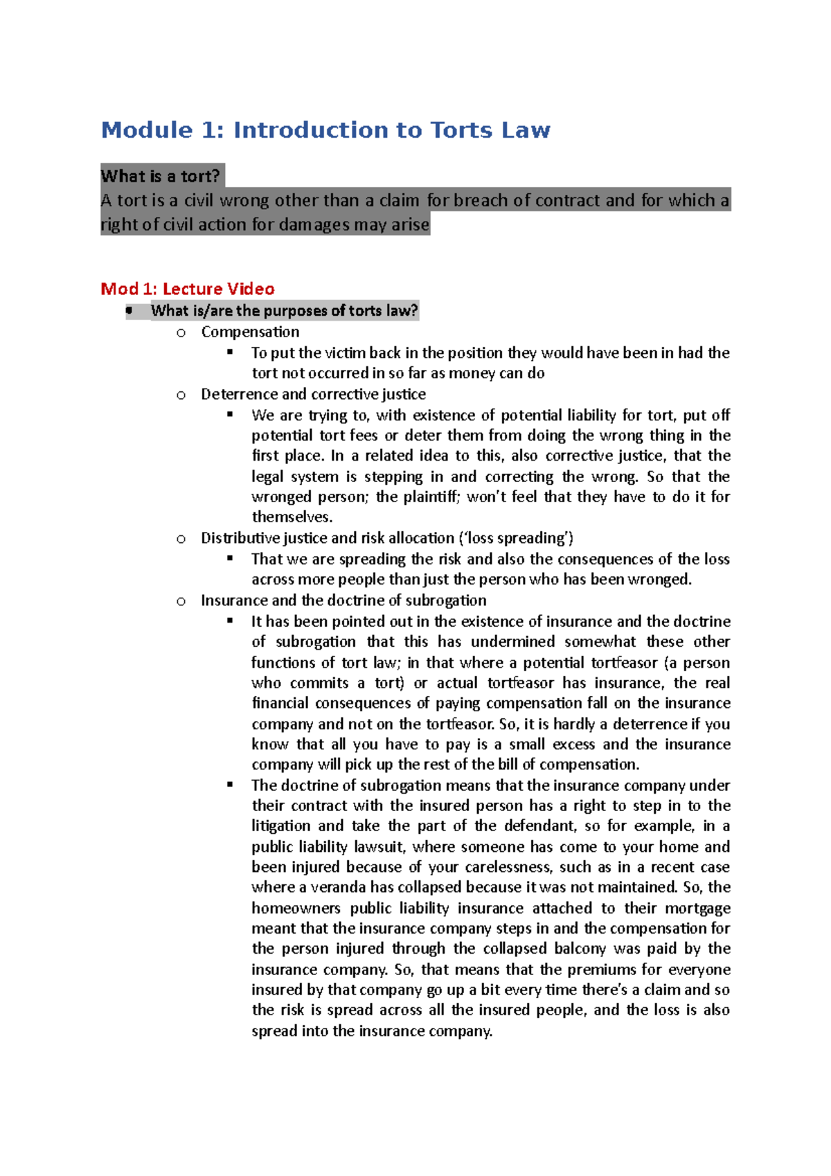 Module 1 - Introduction to torts law - Module 1: Introduction to Torts ...