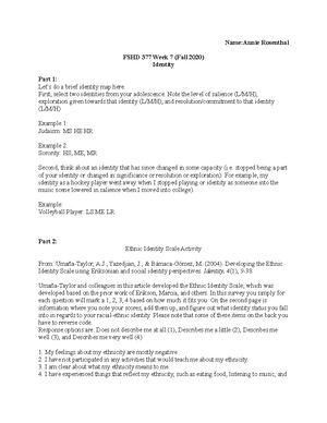 Weekly Engagement Sheet 2 - Name: Annie Rosenthal FSHD 377 Week 2 (Fall ...