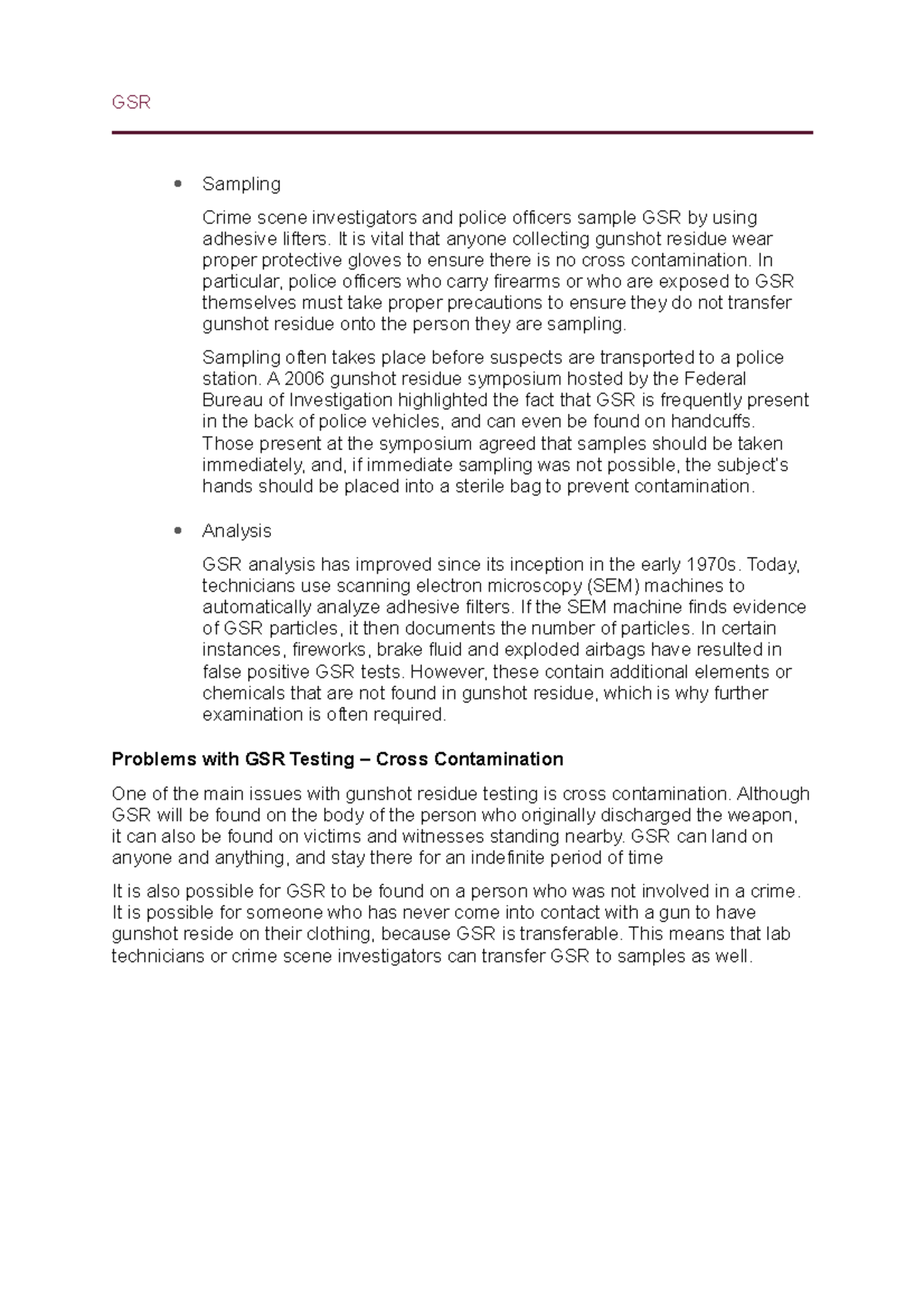 Gunshot residue notes - GSR Sampling Crime scene investigators and ...