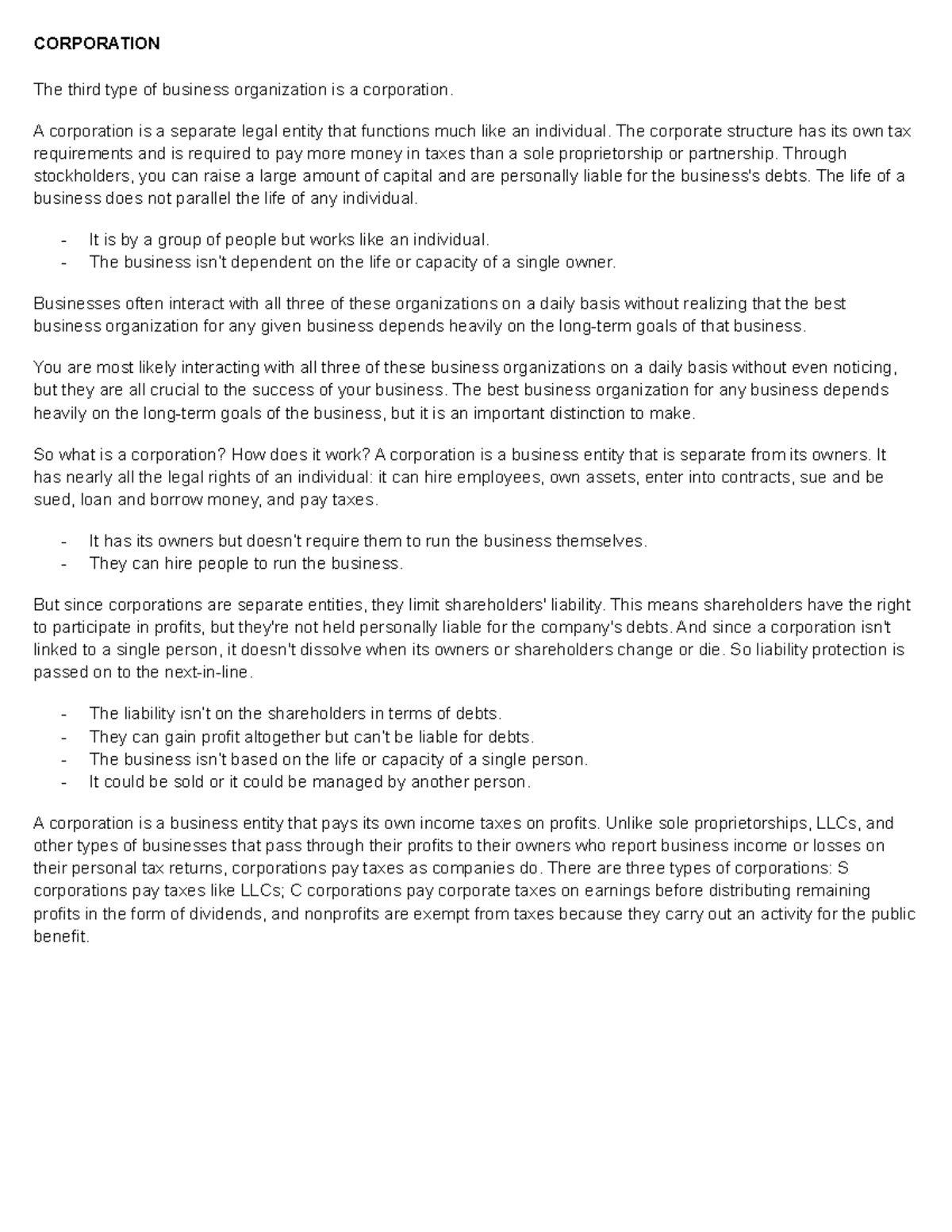 Corporation - notes - CORPORATION The third type of business ...