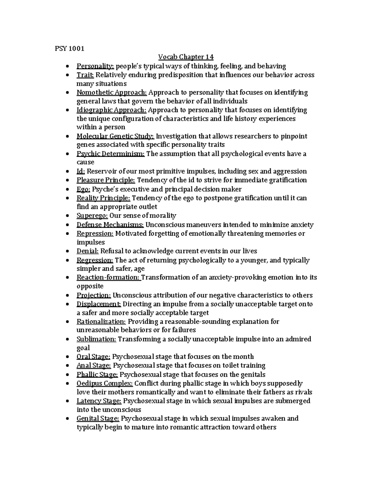 Introduction To Psychology: Chapter 14 Vocabulary - PSY 1001 Vocab ...