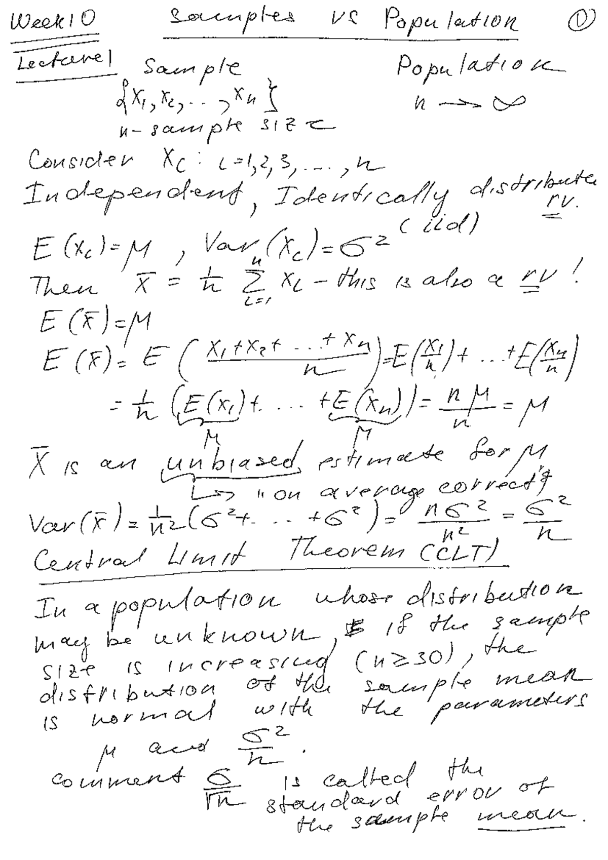 Lecture 1Week10 - STAT - Week10 samples VS Population U Lecturel Sample ...