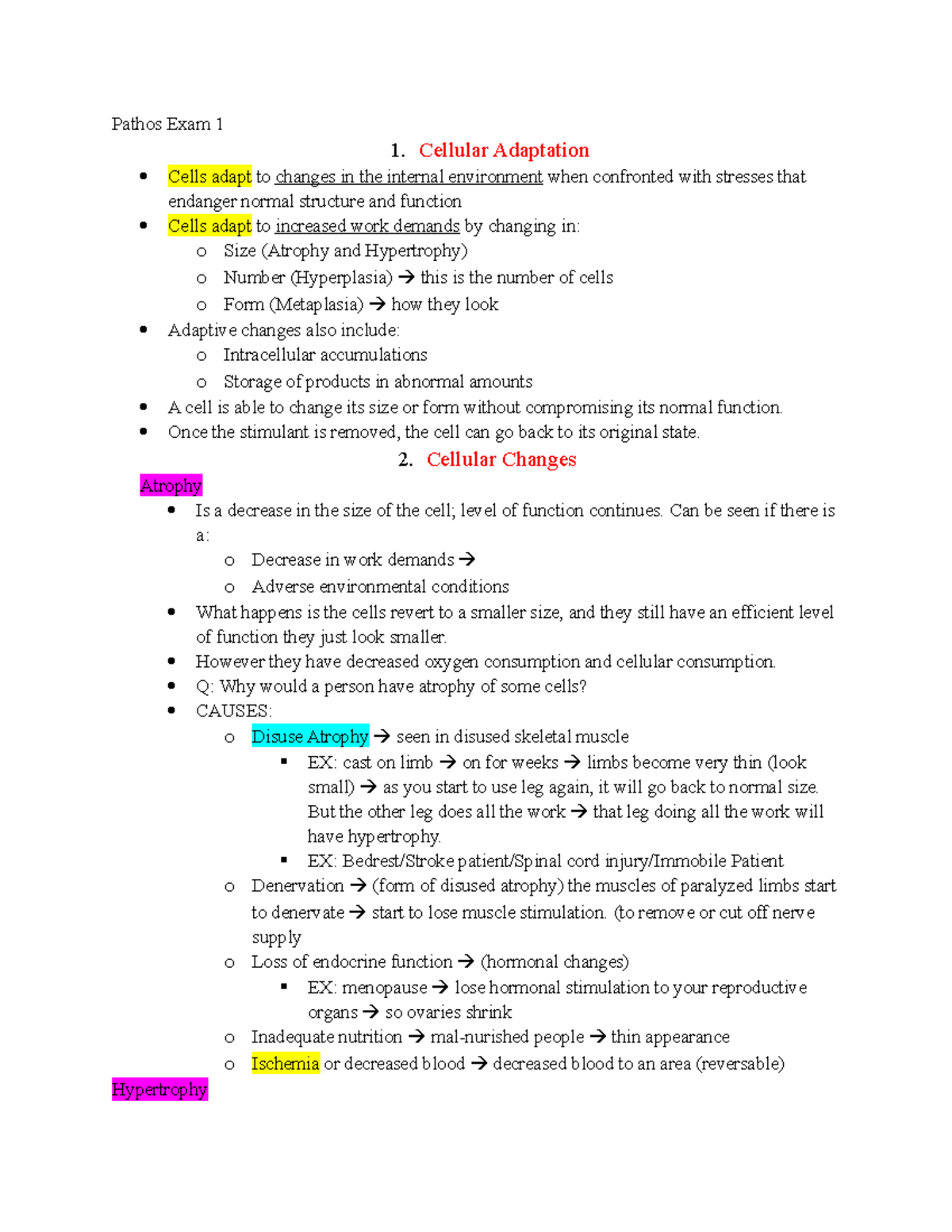Patho Exam 1 - Pathos Exam 1 1. Cellular Adaptation Cells adapt to ...