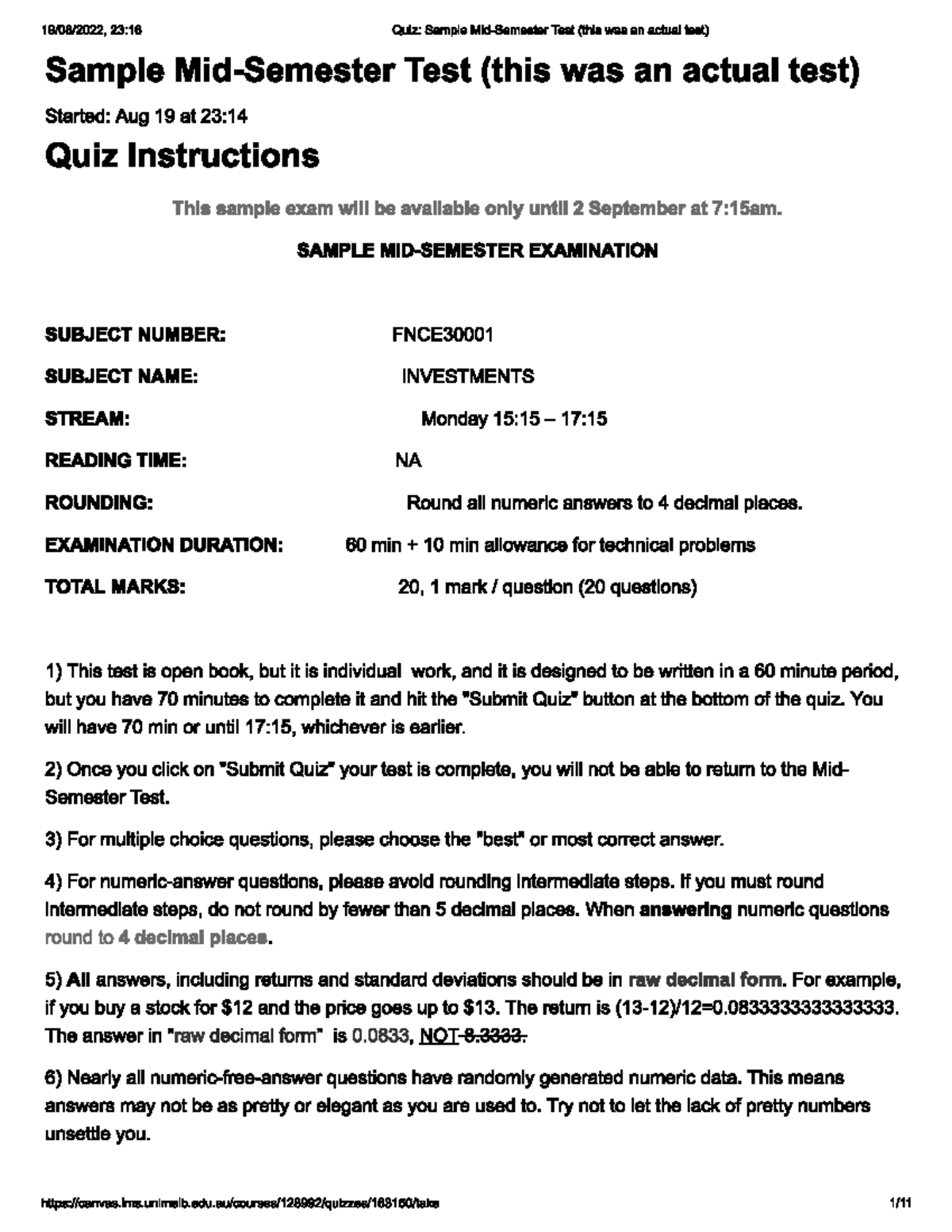 Previous mid sem test (investment) - FNCE30001 - Studocu
