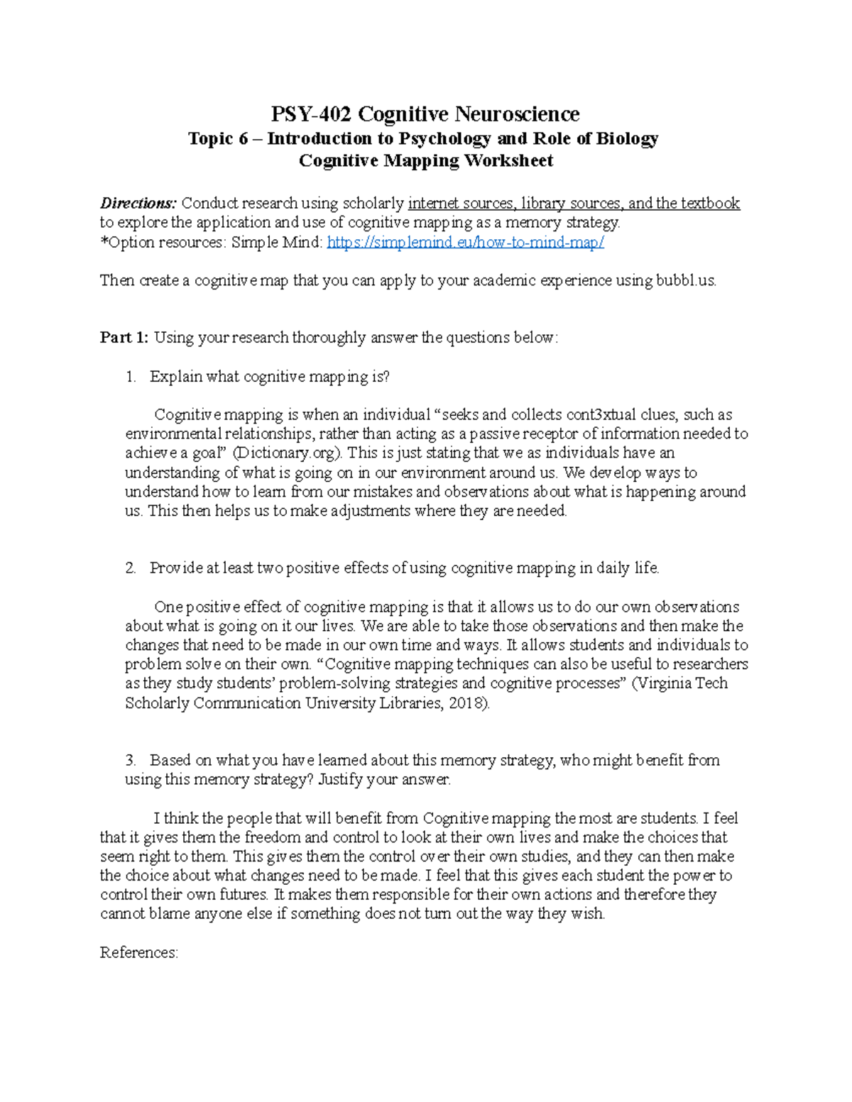 PSY 402 RS Cognitive Mapping Worksheet - PSY-402 Cognitive Neuroscience ...