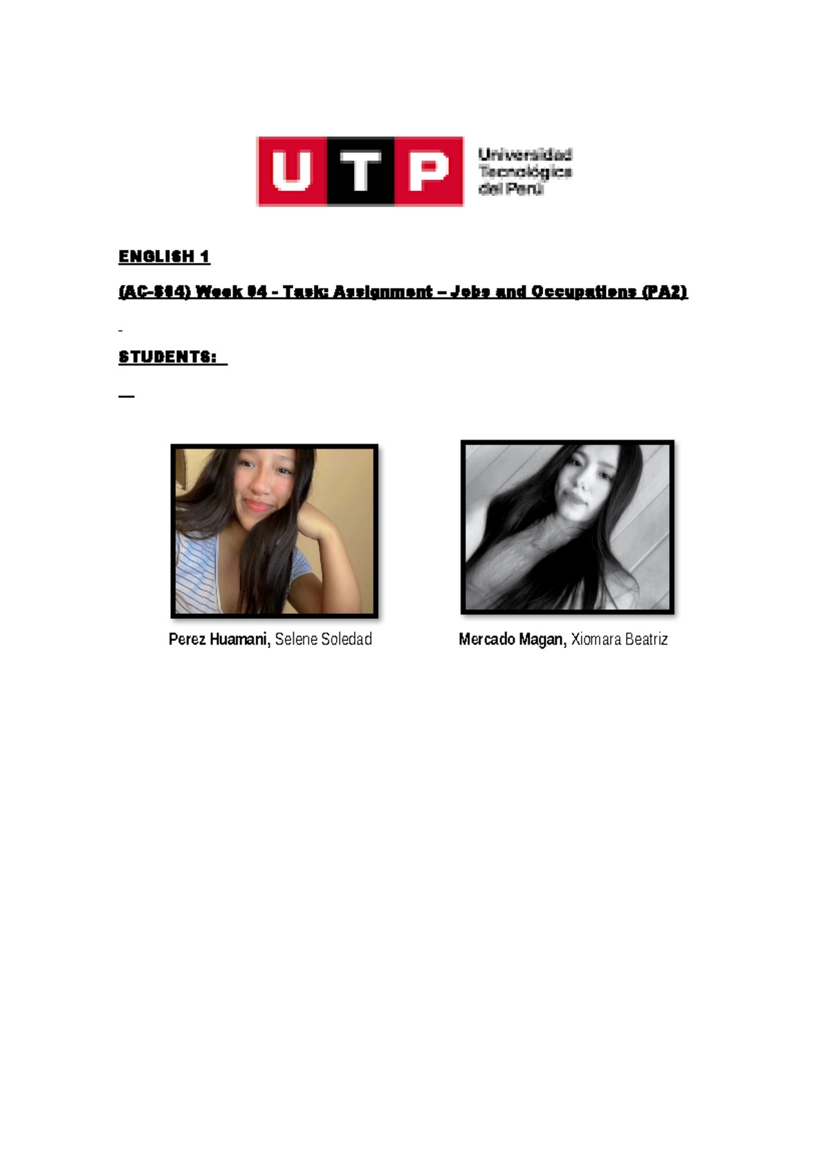 English 1 - Inglés 4 - ENGLISH 1 (AC-S04) Week 04 - Task: Assignment – Jobs and Occupations (PA2 ...