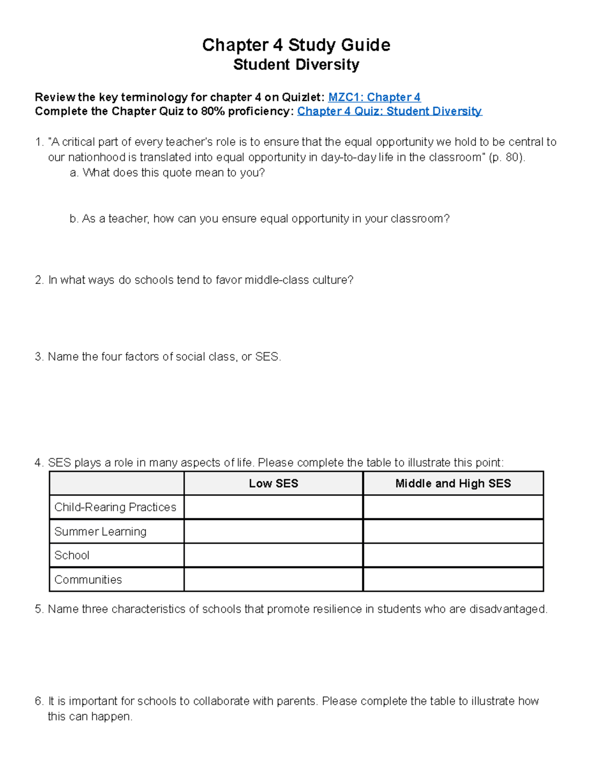 Chapter 4 Study Guide v3 - Chapter 4 Study Guide Student Diversity ...