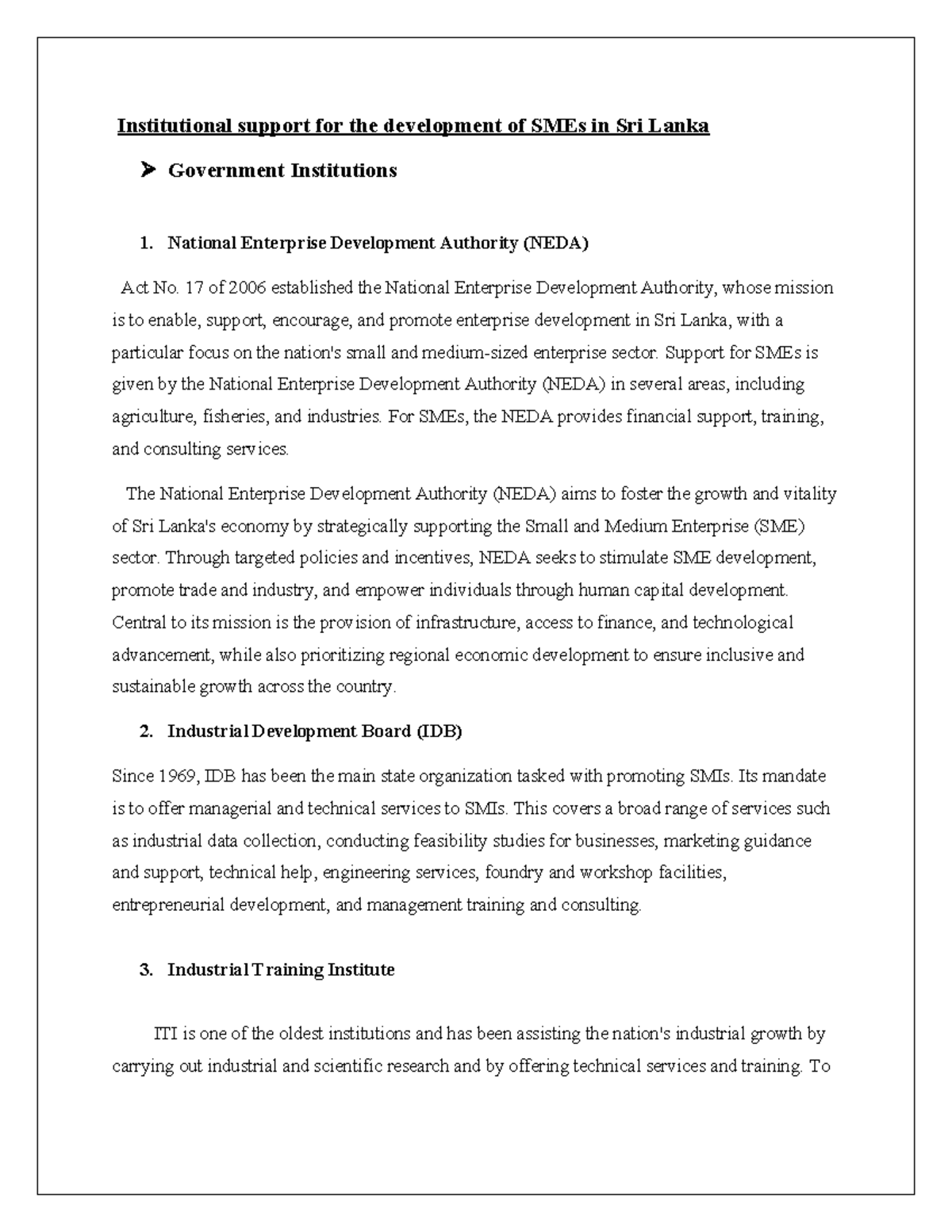 Institutional support for the development of SMEs assignment - National Enterprise Development ...