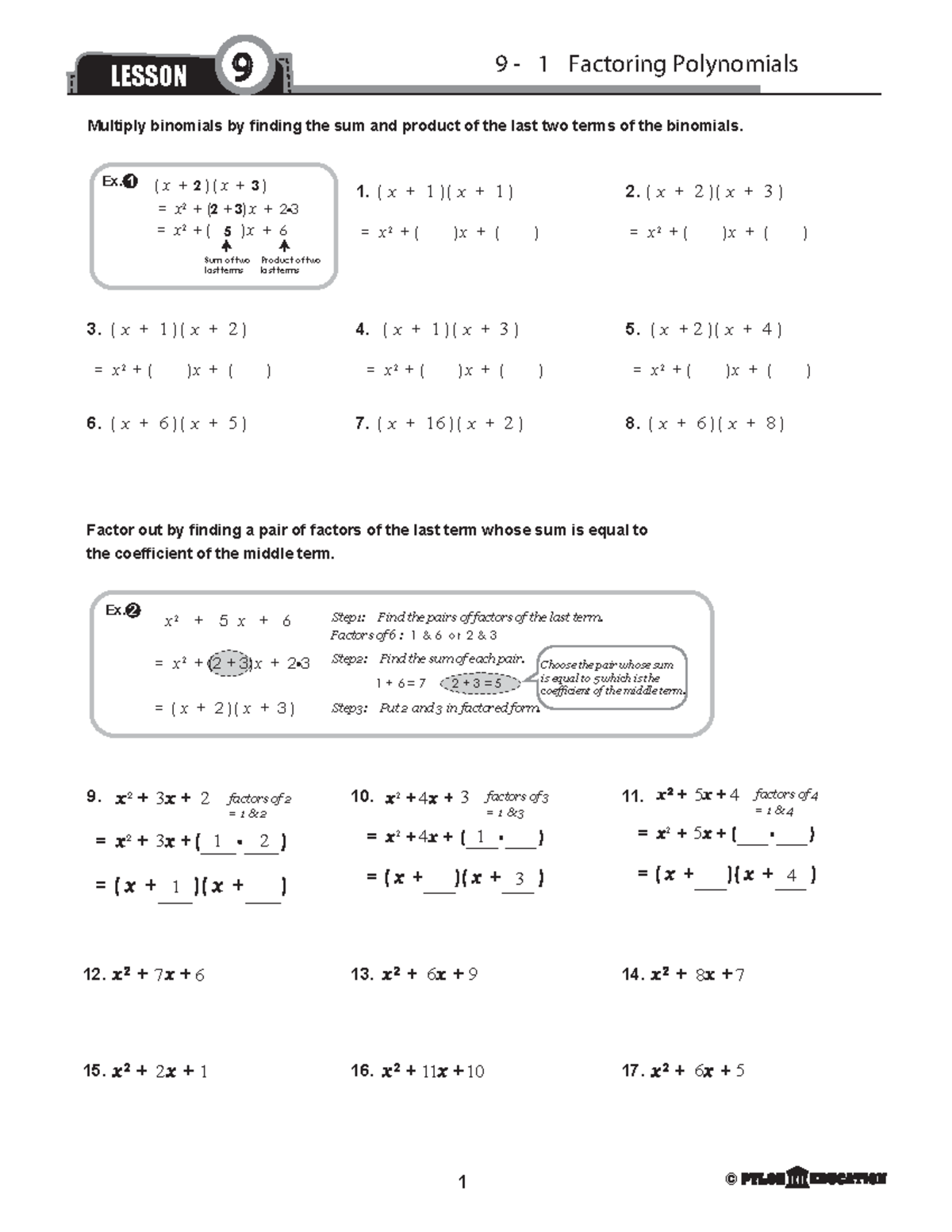 Algebra-free-trial - Algebra from pylon - 1 LESSON 9 9 - 1 Factoring ...