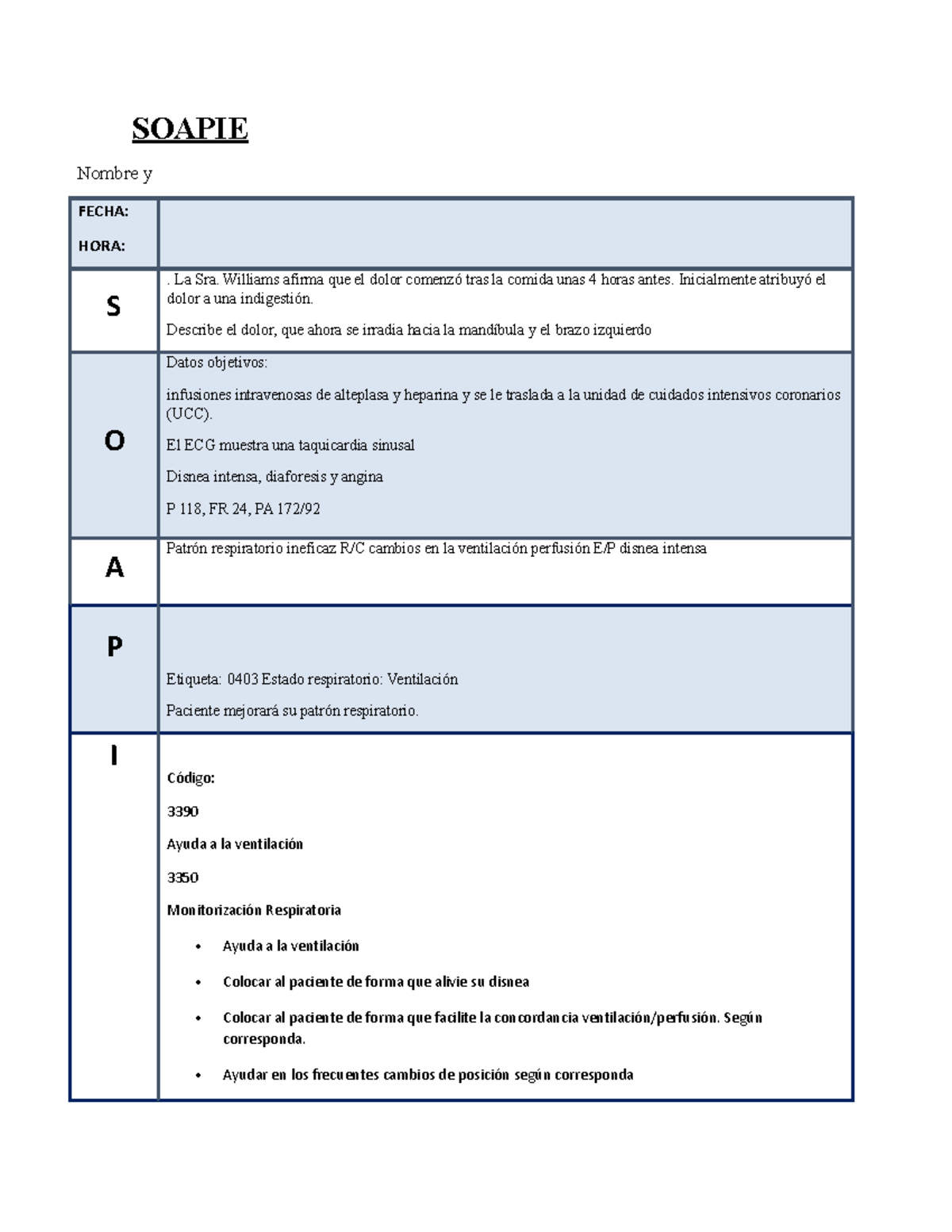 Soapie - Enfermeria - SOAPIE Nombre y FECHA: HORA: S . La Sra. Williams ...