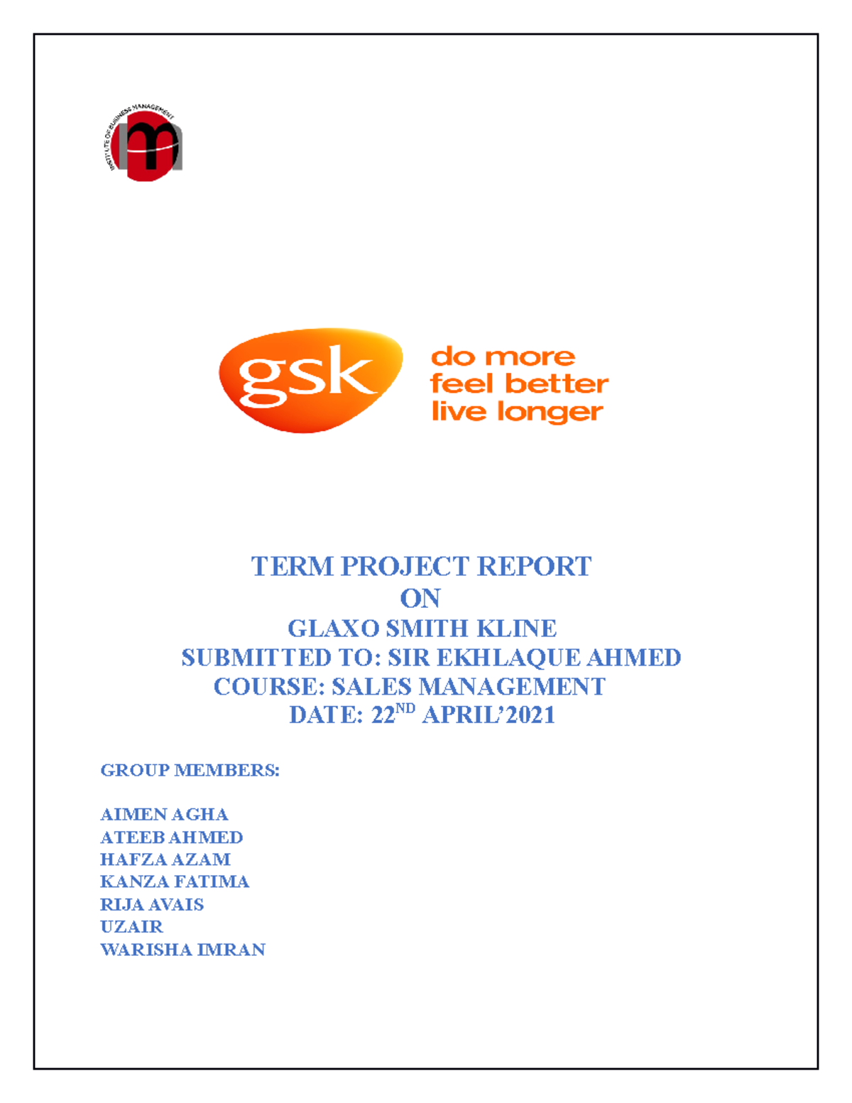 GSK-sales term report - TERM PROJECT REPORT ON GLAXO SMITH KLINE ...
