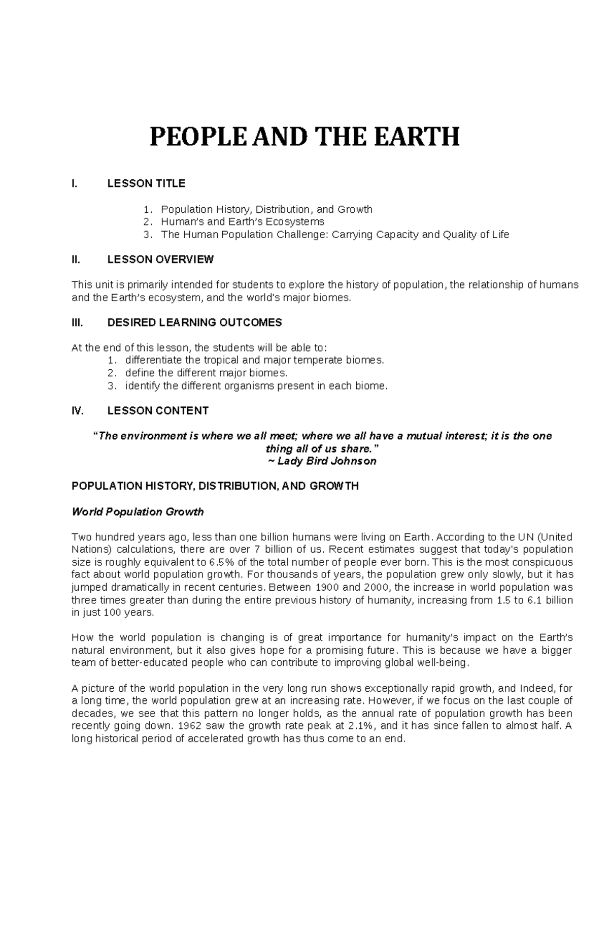 Module 2- People AND THE Earth - PEOPLE AND THE EARTH I. LESSON TITLE ...