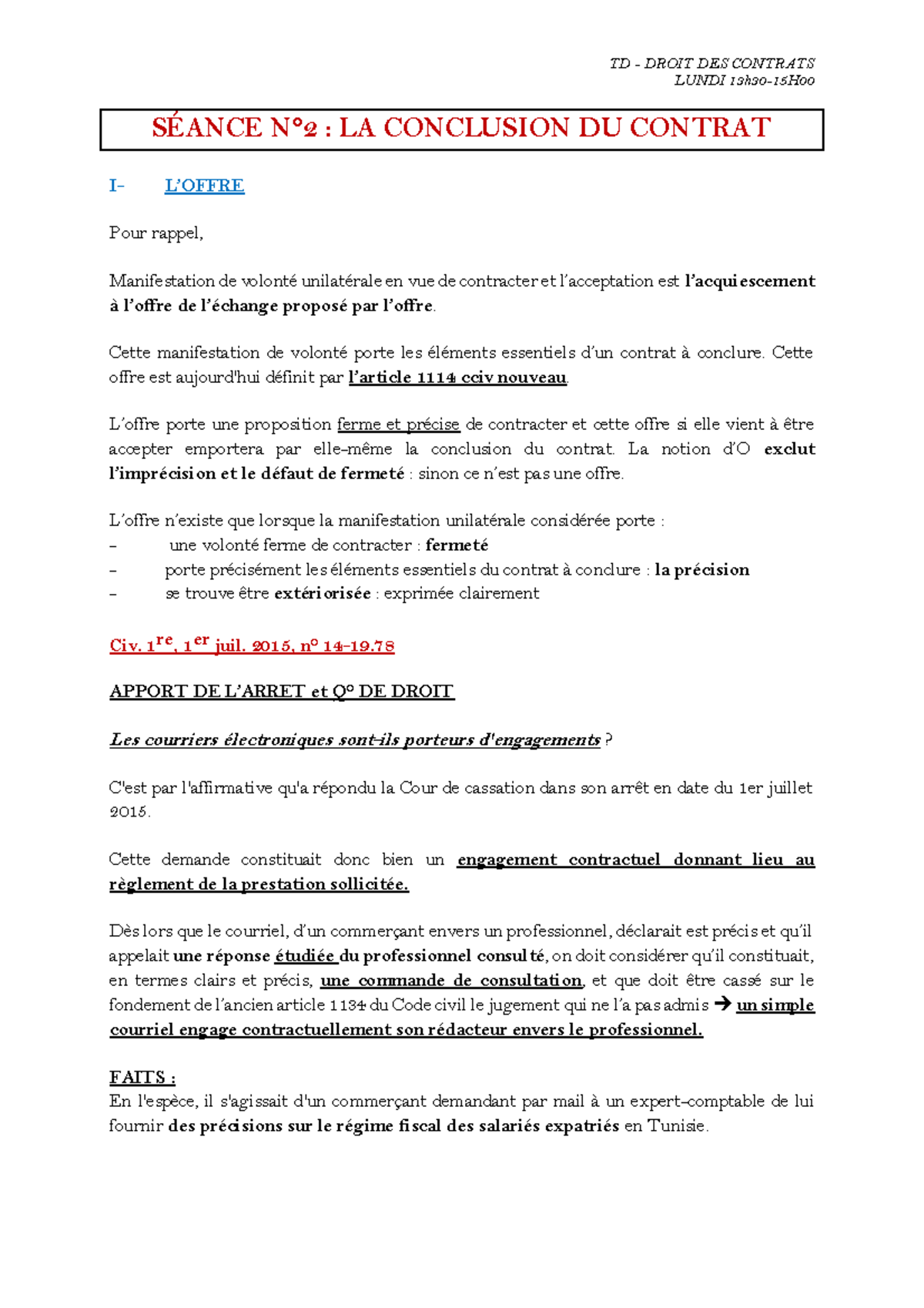 la conclusion du contrat - LUNDI 13h30-15H SÉANCE N°2 : LA CONCLUSION ...