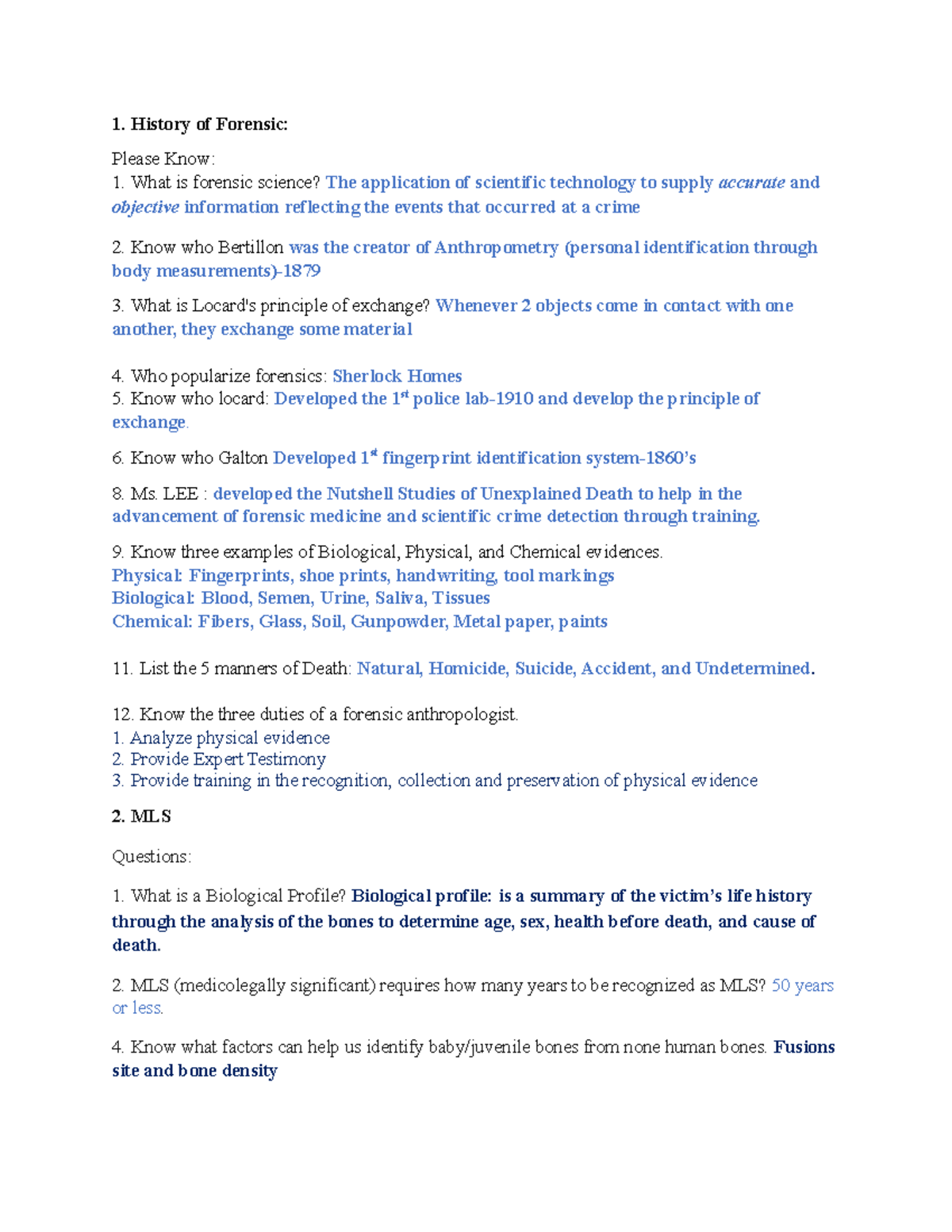 Final Exam Review Sheet Spring 2019 - 1. History of Forensic: Please ...