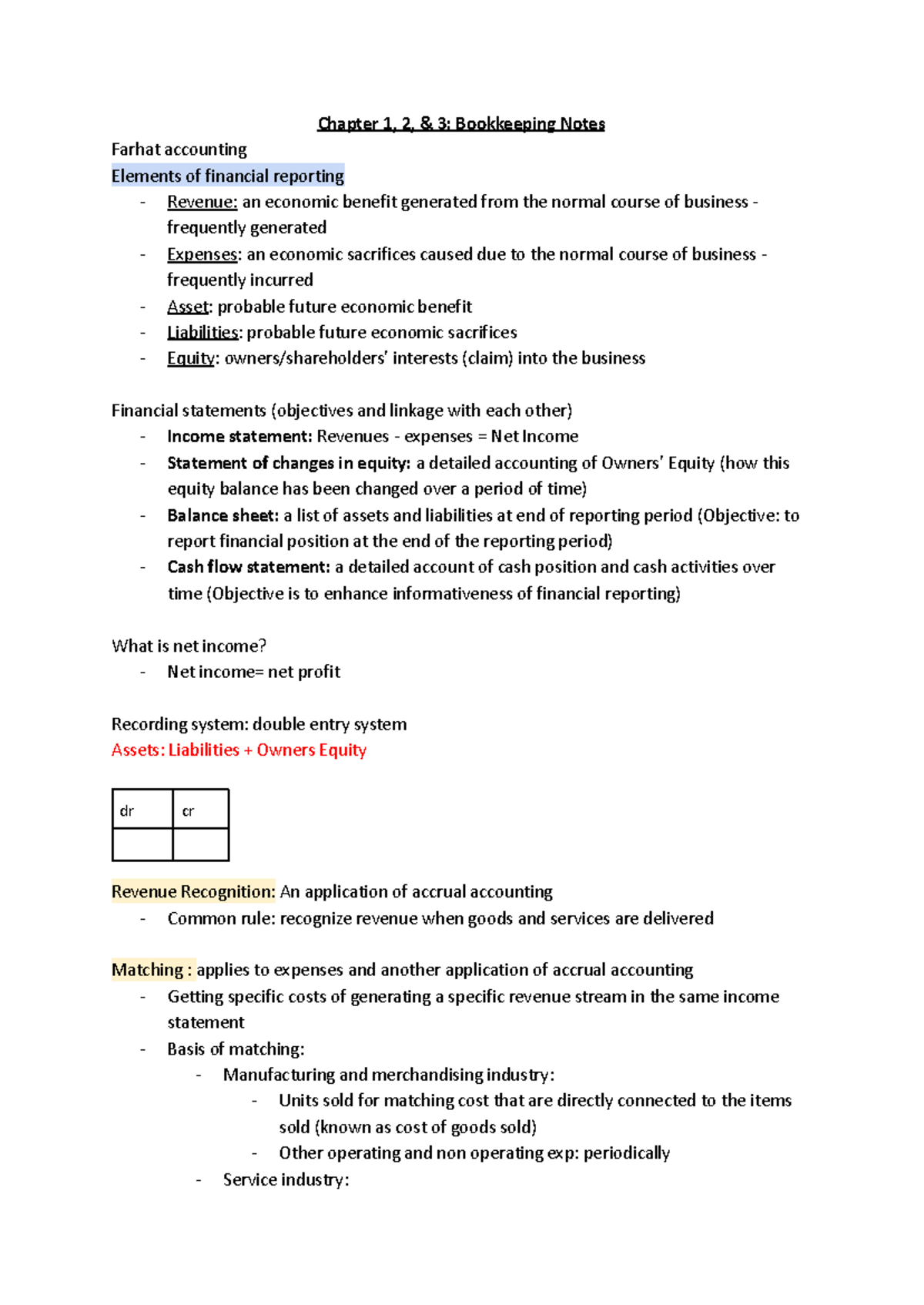 Ch 1, 2, & 3 Bookkeeping - Notes for chapter 1, 2, & 3 - Chapter 1, 2 ...