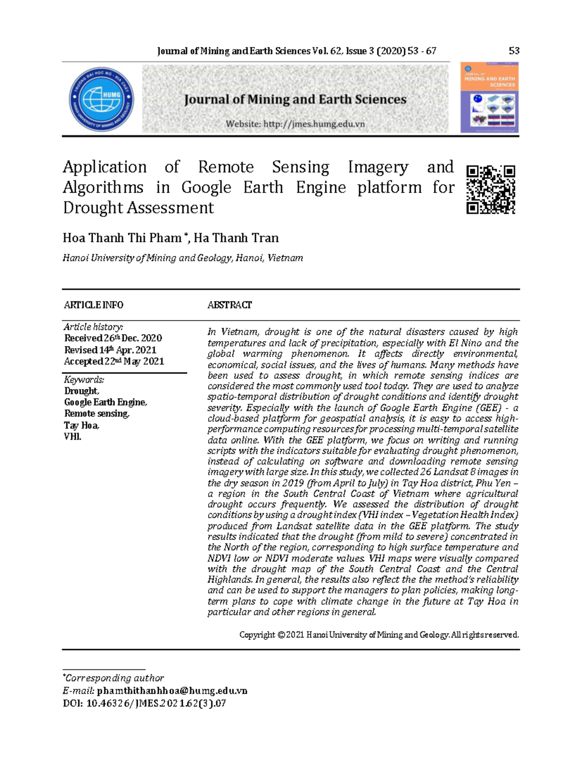 Application of Remote Sensing Imagery and Algorithms in Google Earth Engine platform for Drought ...