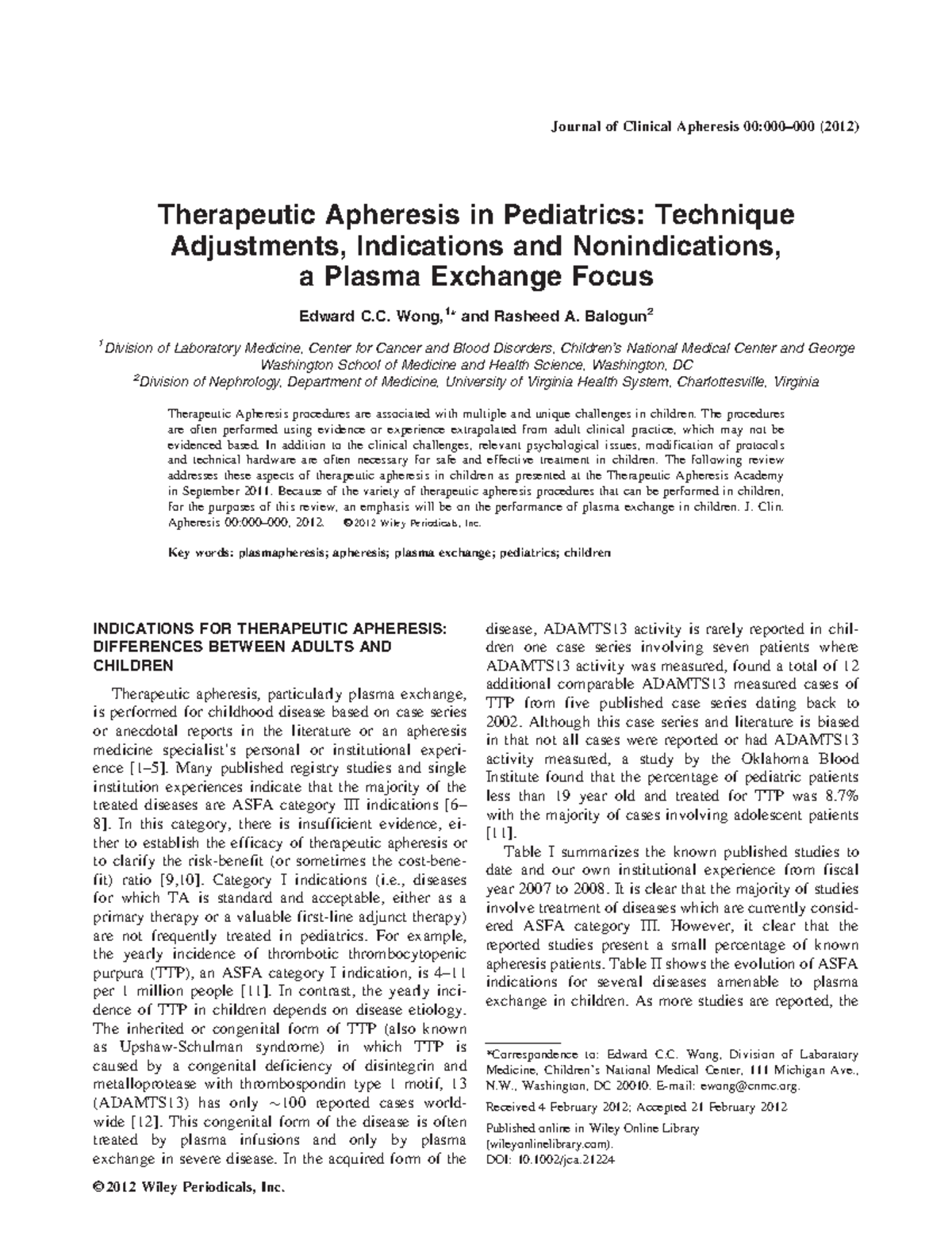 Aferesis en niños 2012 - articulo - Therapeutic Apheresis in Pediatrics ...