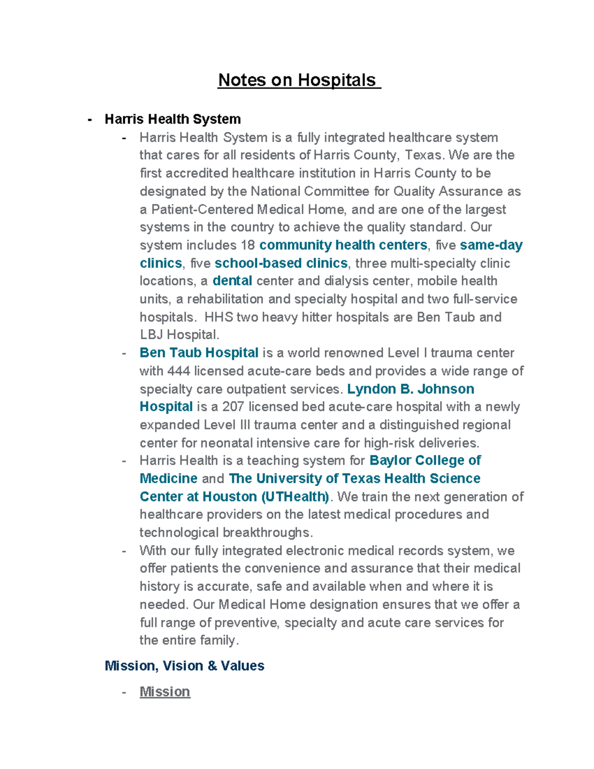 Notes on Hospitals - Notes on Hospitals Harris Health System Harris ...